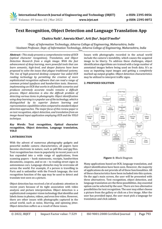 Text Recognition, Object Detection and Language Translation App | PDF