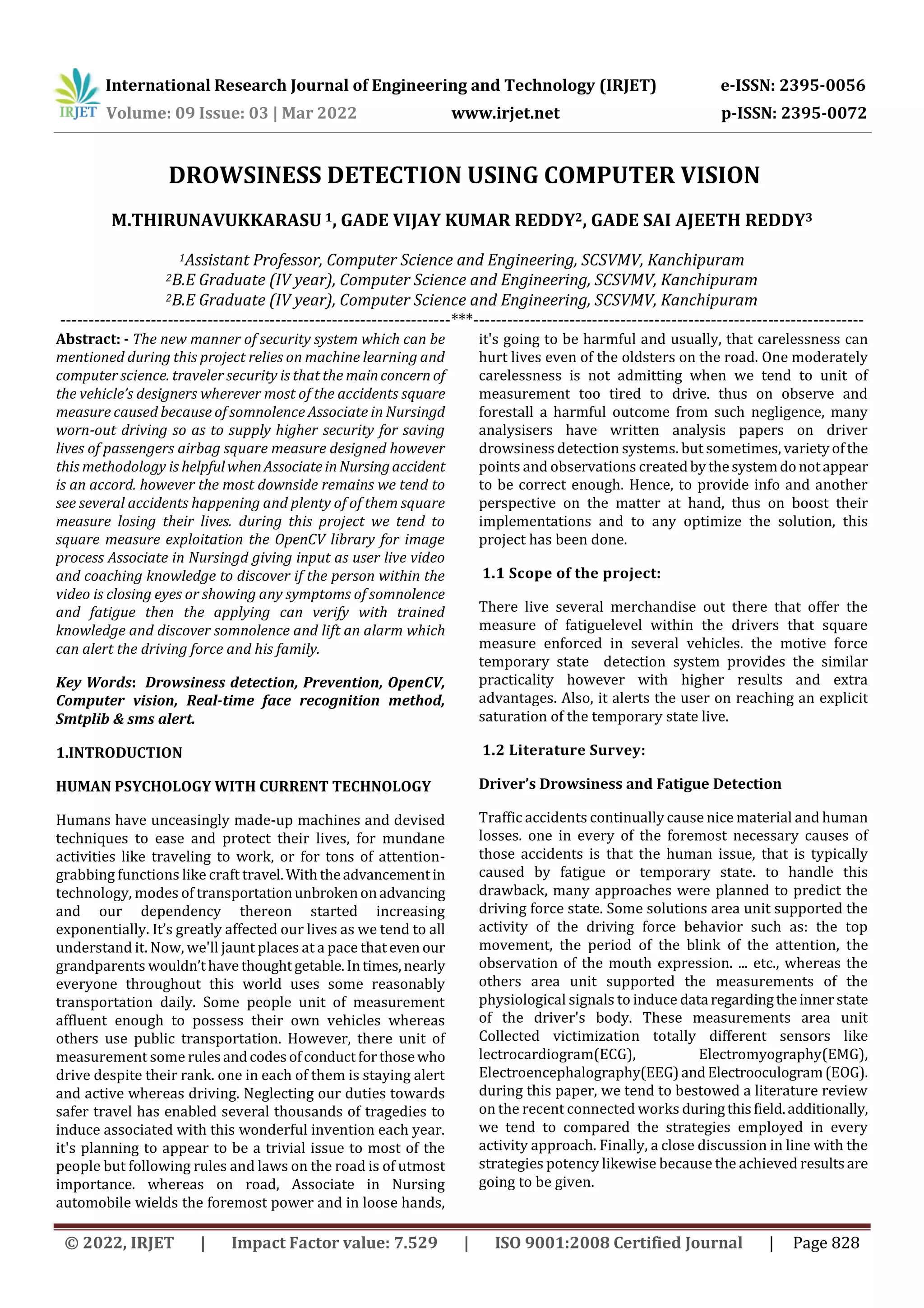 Drowsiness Detection Using Computer Vision Pdf