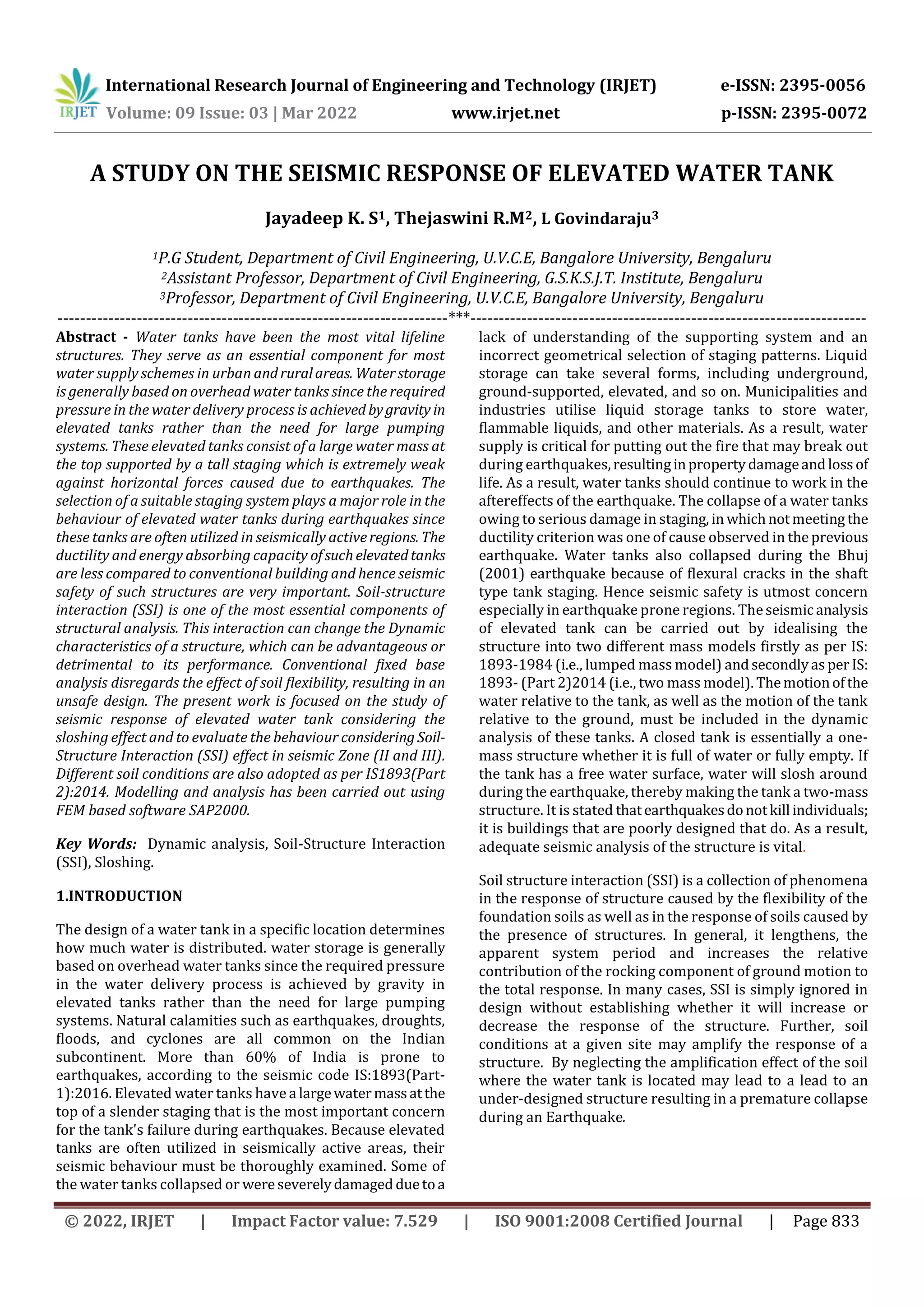 A STUDY ON THE SEISMIC RESPONSE OF ELEVATED WATER TANK | PDF