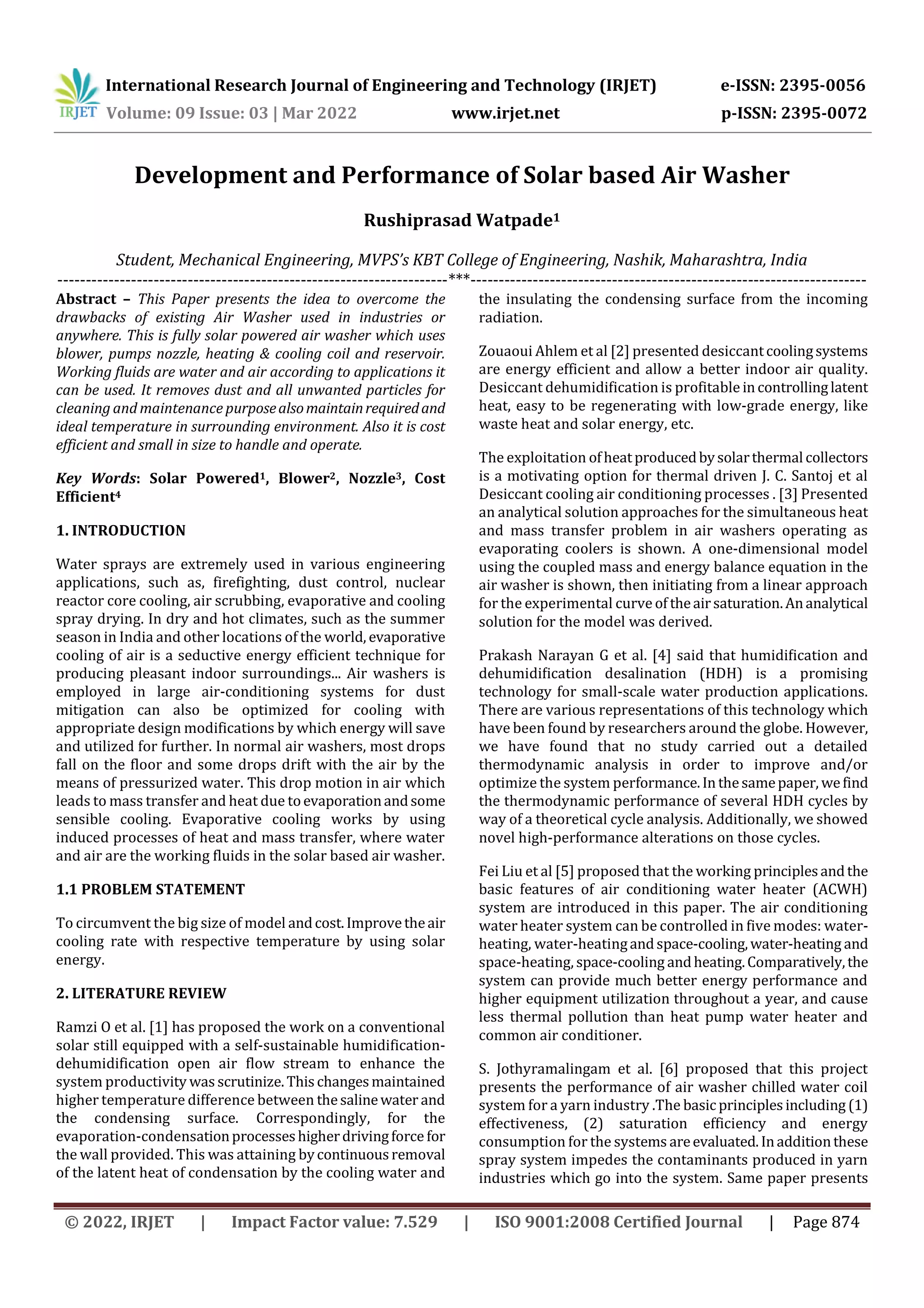 Development and Performance of Solar based Air Washer | PDF