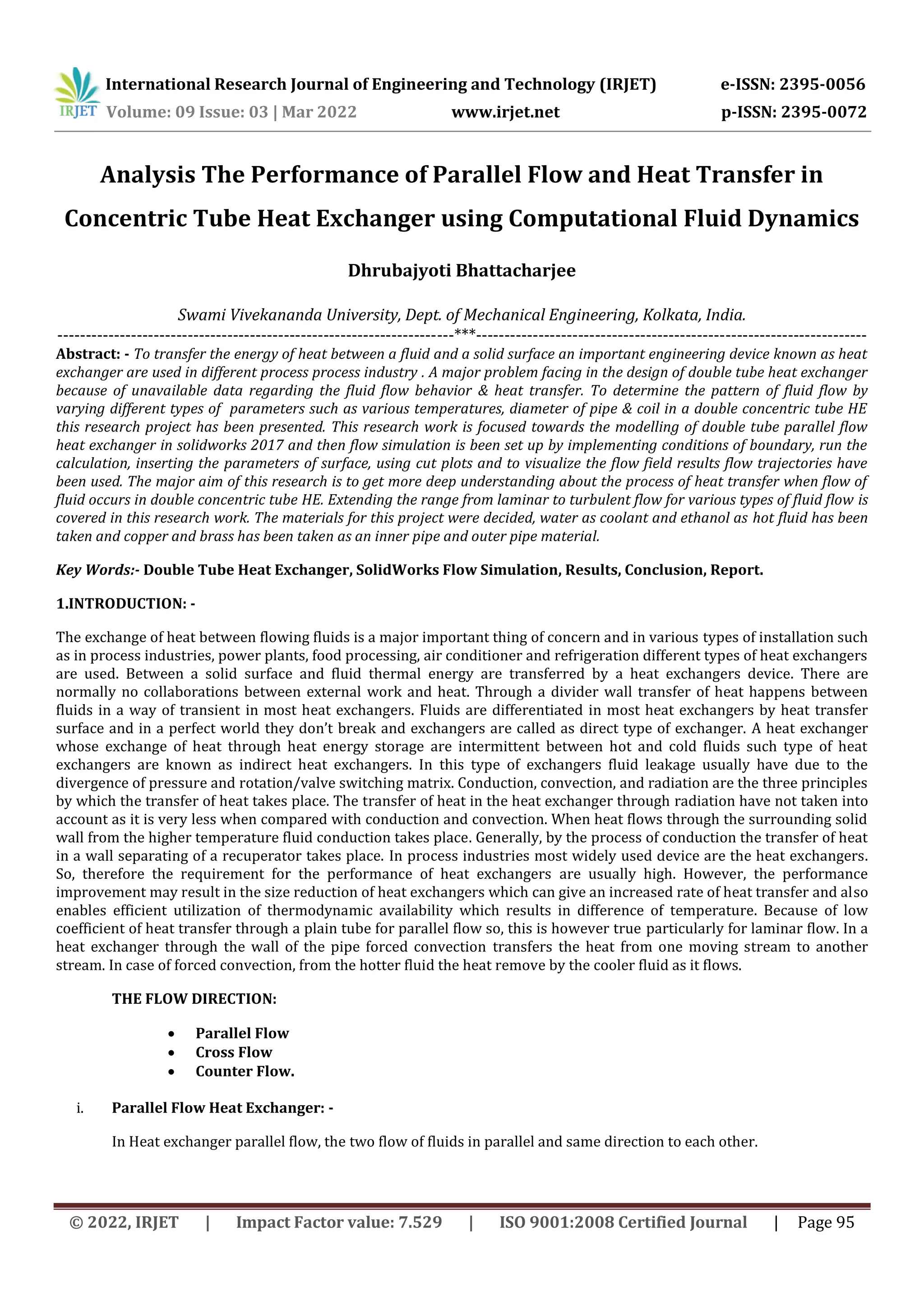 Analysis The Performance of Parallel Flow and Heat Transfer in Concentric Tube Heat Exchanger ...