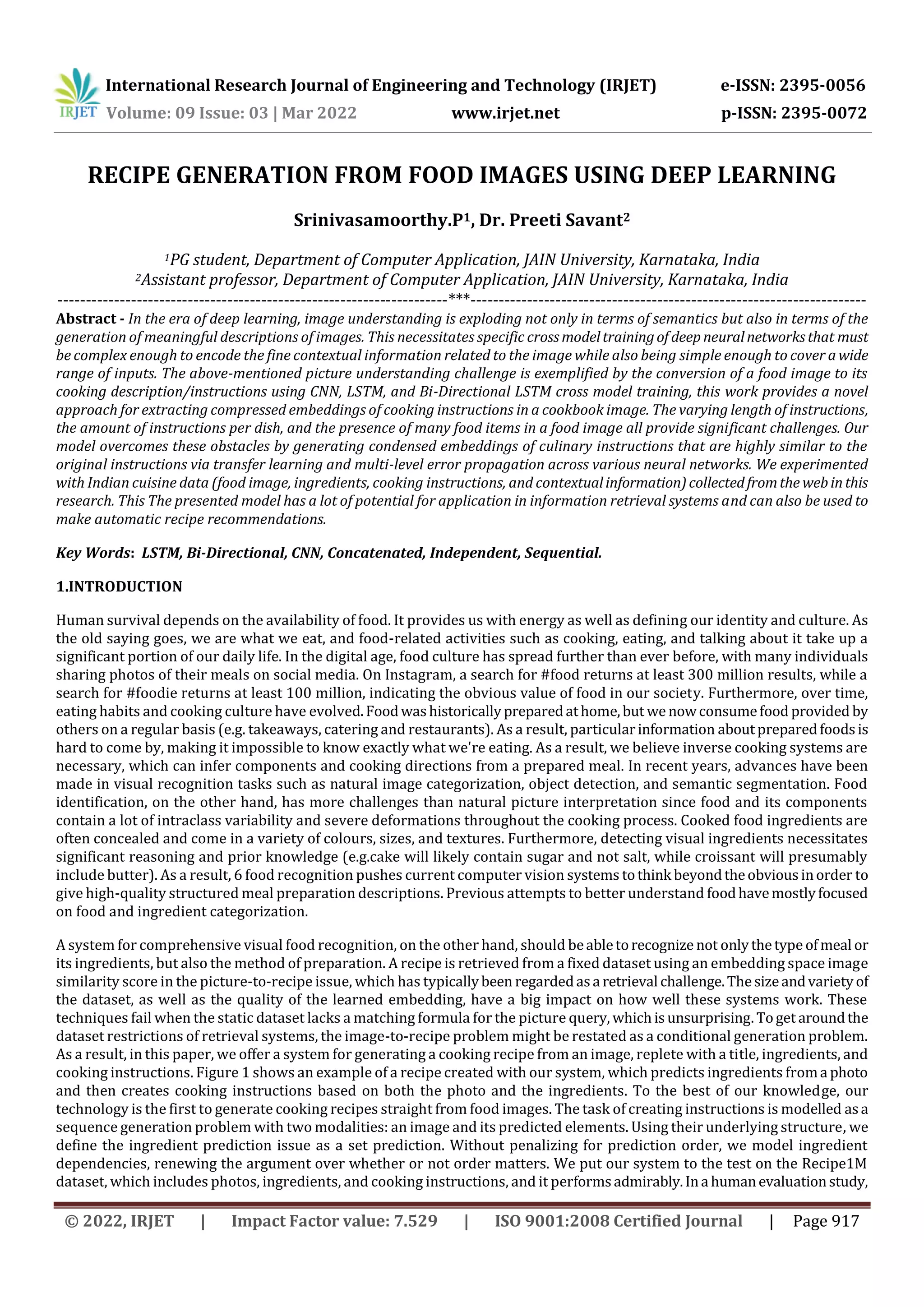 RECIPE GENERATION FROM FOOD IMAGES USING DEEP LEARNING | PDF