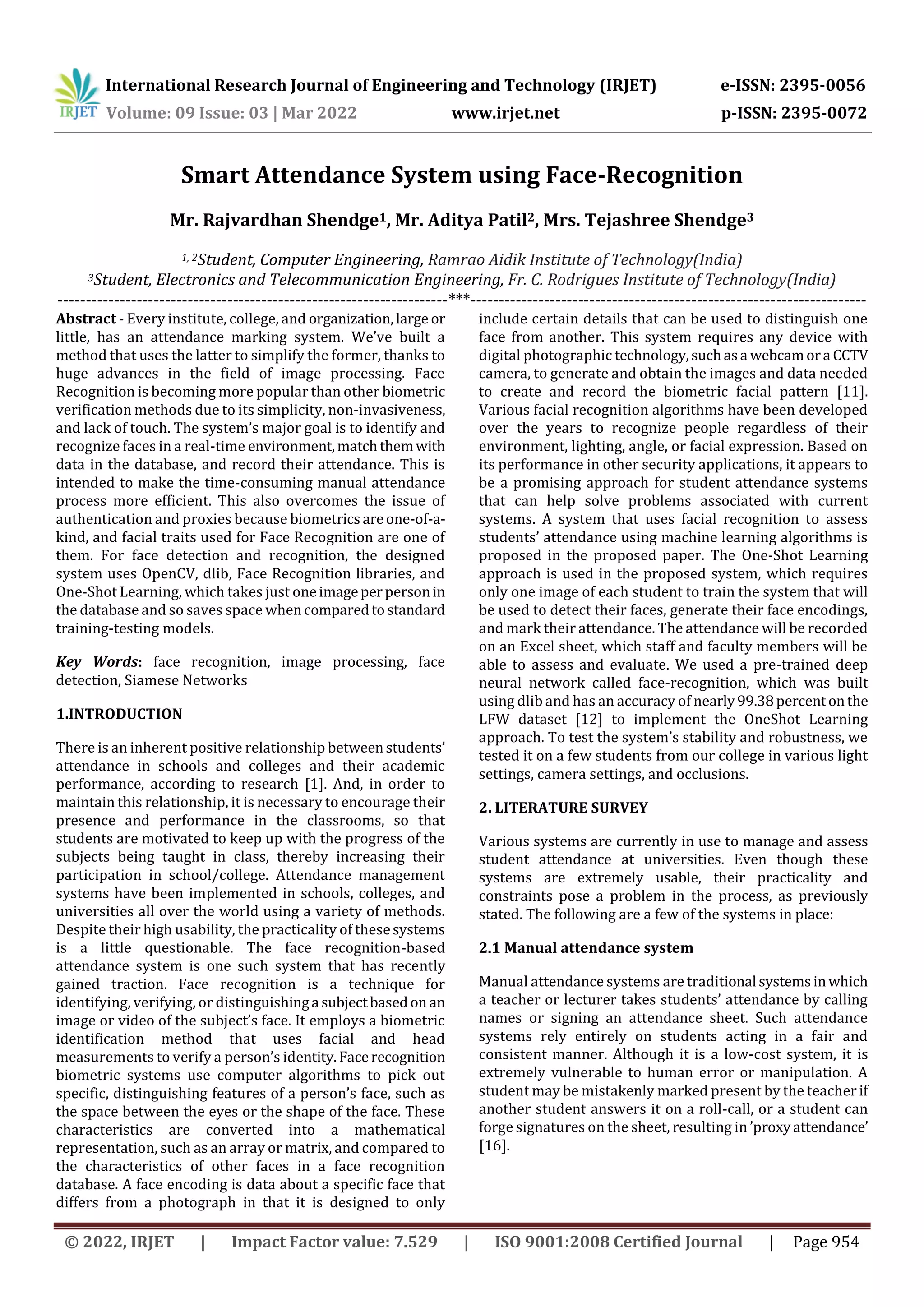 Smart Attendance System Using Face Recognition Pdf