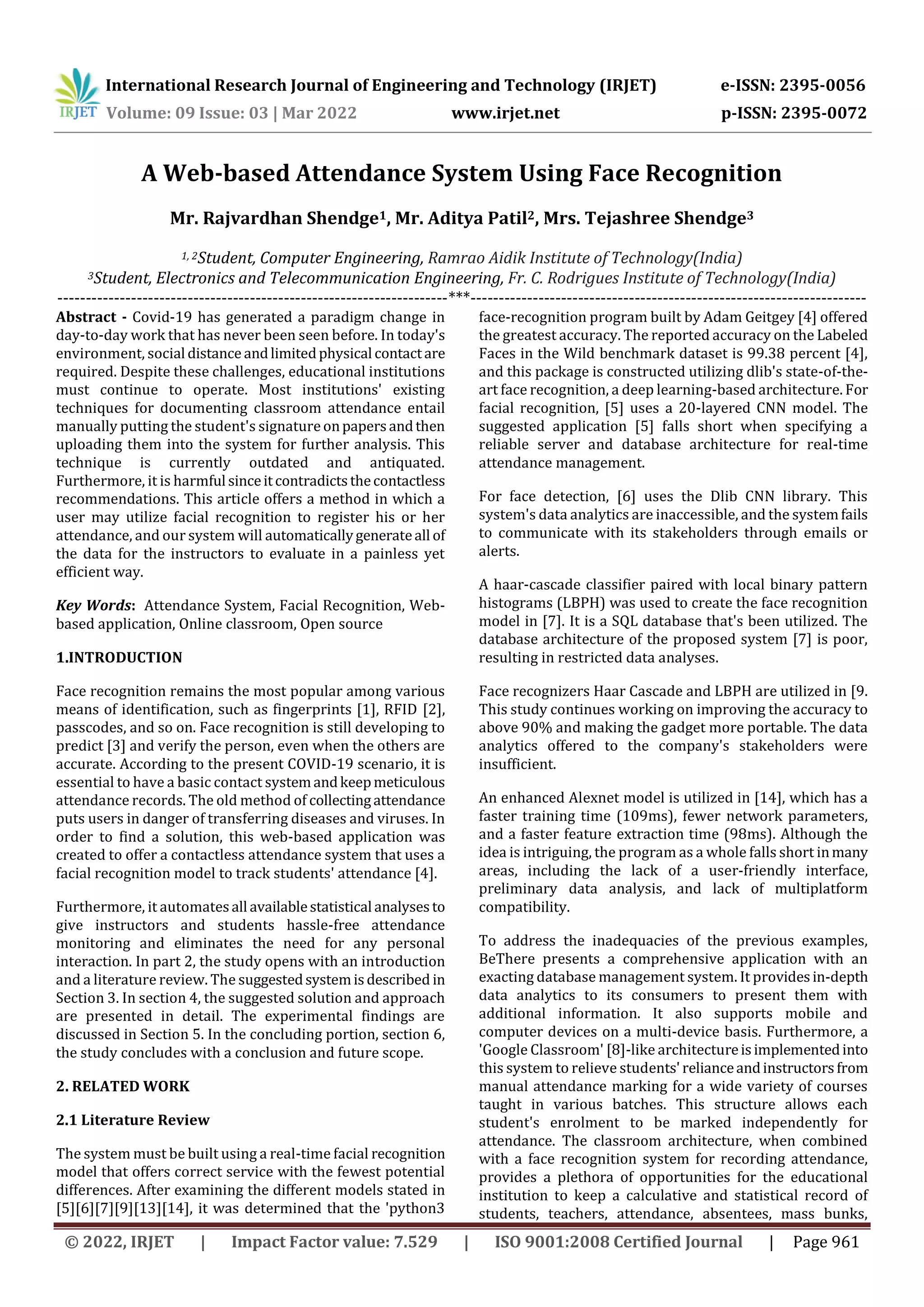 A Web-based Attendance System Using Face Recognition | PDF