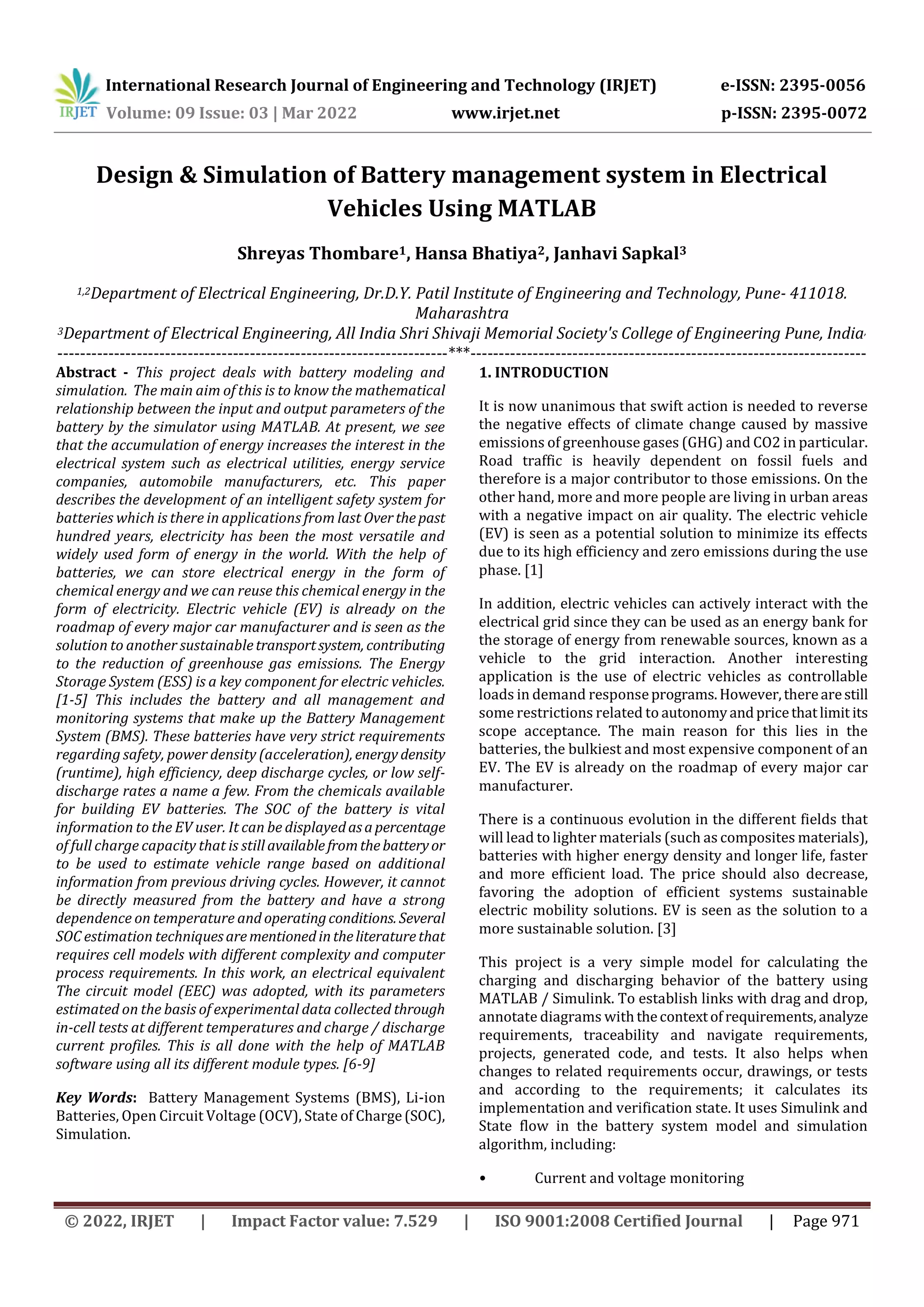Design & Simulation of Battery management system in Electrical Vehicles ...