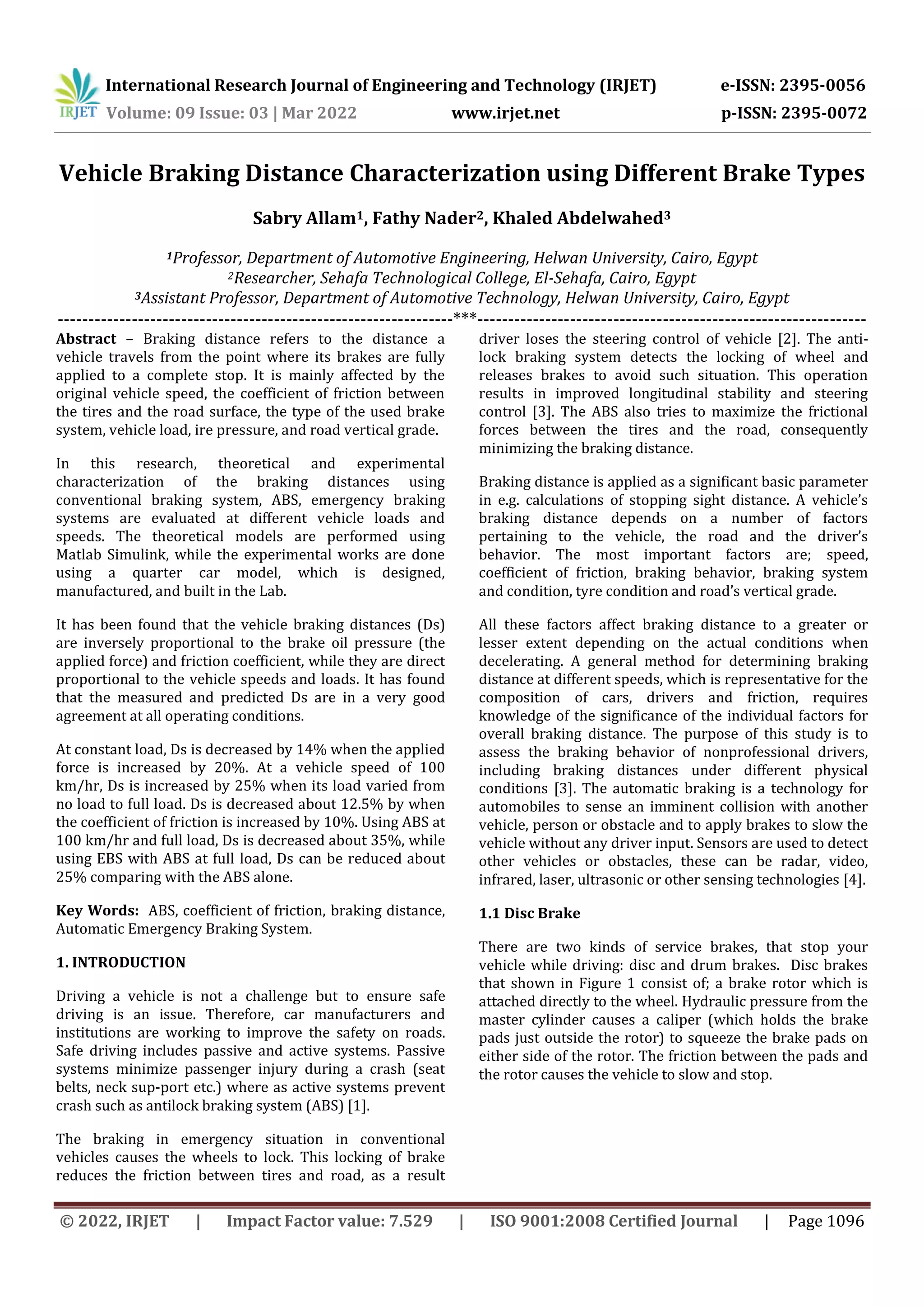 Vehicle Braking Distance Characterization using Different Brake Types | PDF