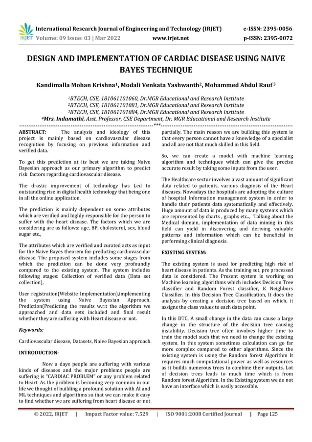 DESIGN AND IMPLEMENTATION OF CARDIAC DISEASE USING NAIVE BAYES TECHNIQUE | PDF