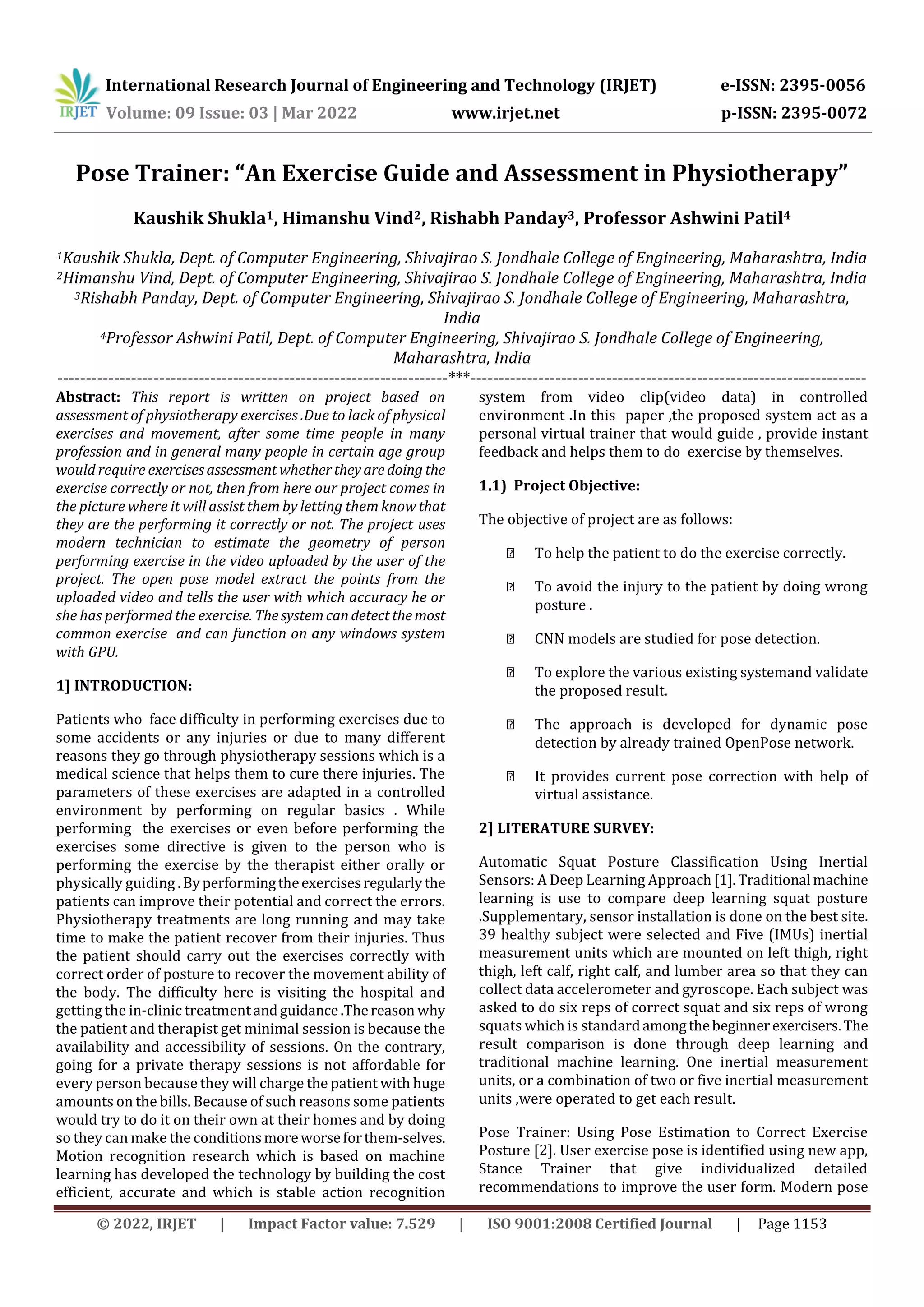 Pose Trainer: “An Exercise Guide and Assessment in Physiotherapy” | PDF