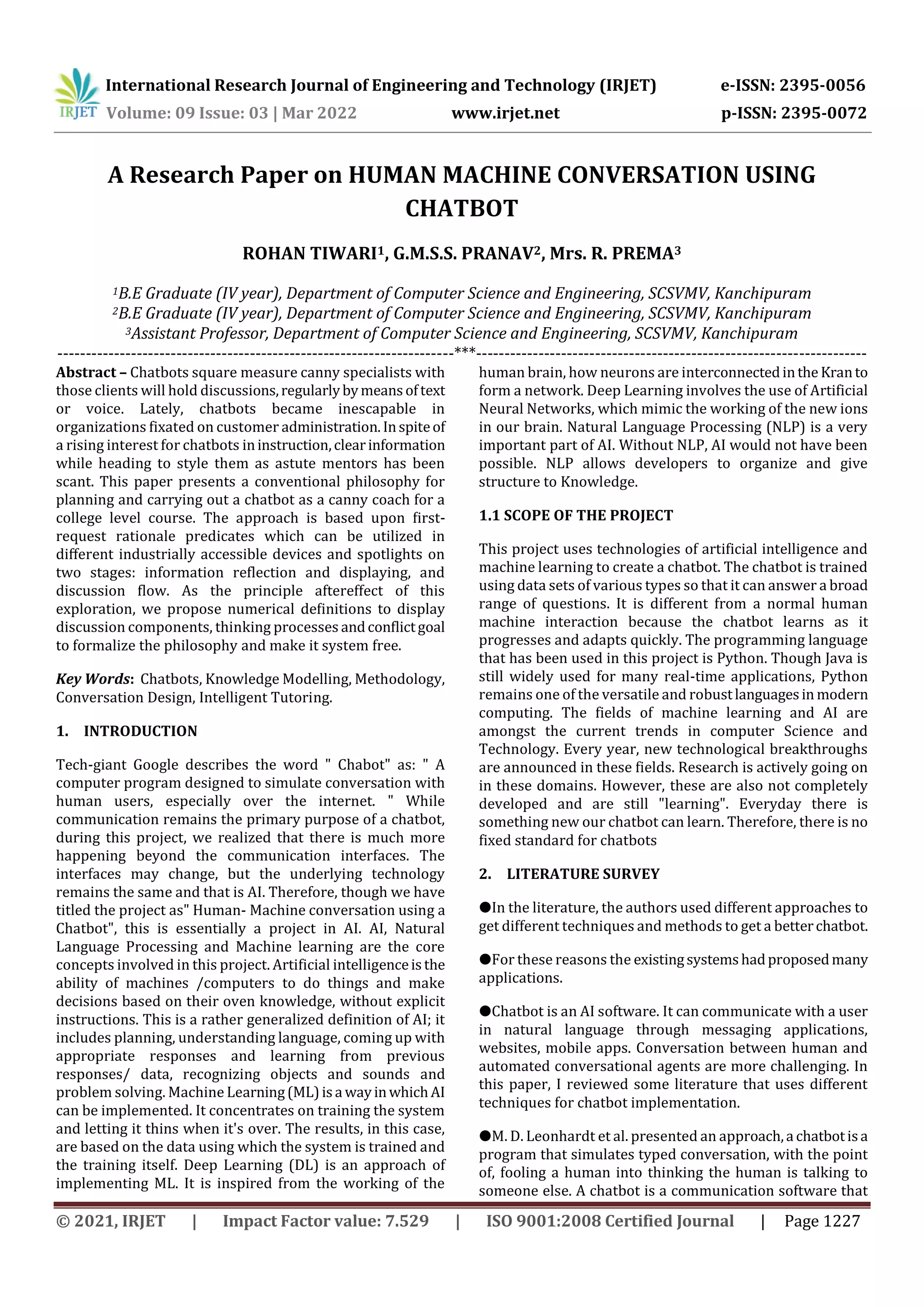 A Research Paper on HUMAN MACHINE CONVERSATION USING CHATBOT | PDF