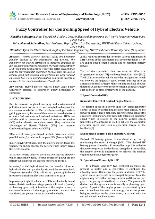 Fuzzy Controller for Controlling Speed of Hybrid Electric Vehicle | PDF | Green Vehicles | Auto Type