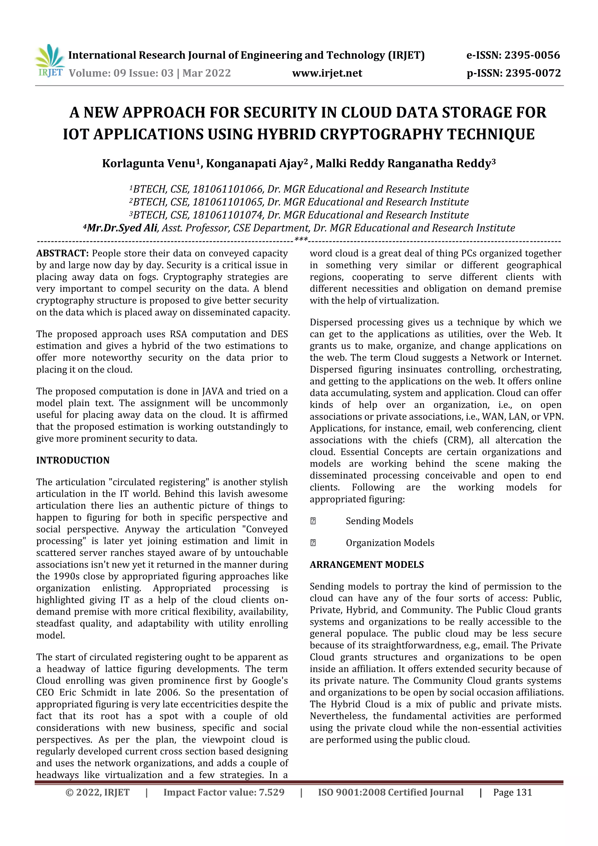 A NEW APPROACH FOR SECURITY IN CLOUD DATA STORAGE FOR IOT APPLICATIONS USING HYBRID CRYPTOGRAPHY ...
