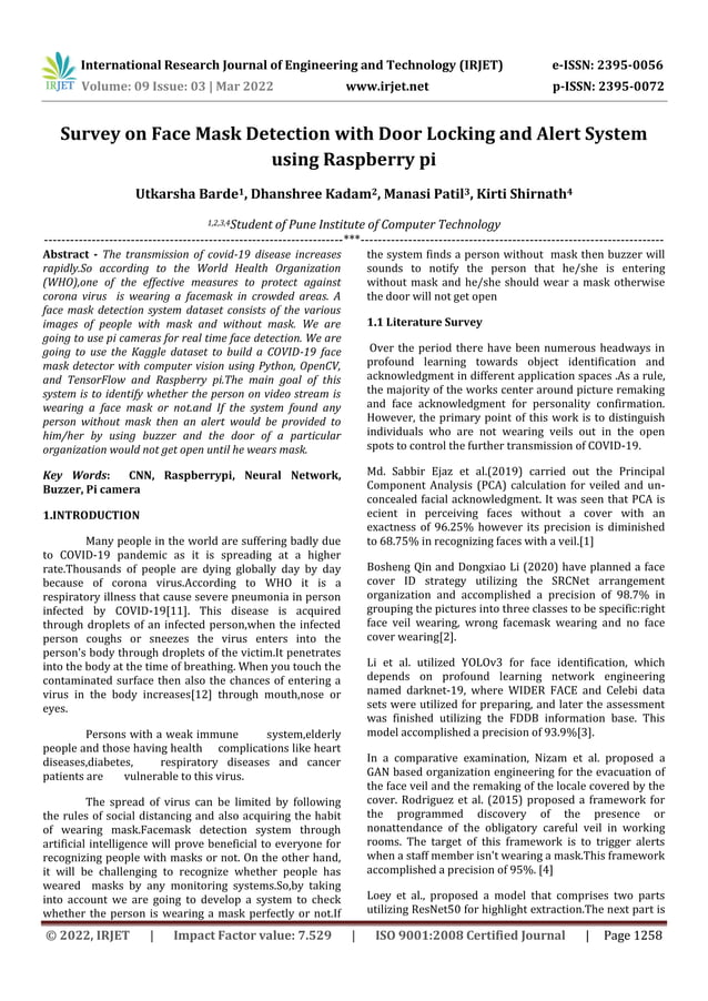 Survey On Face Mask Detection With Door Locking And Alert System Using Raspberry Pi Pdf