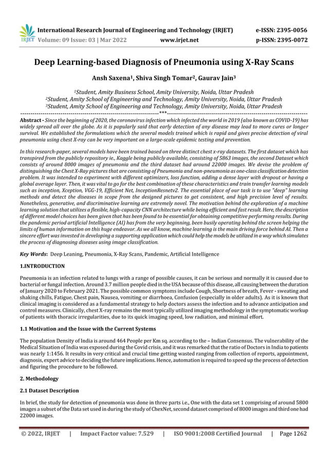 Deep Learning-based Diagnosis of Pneumonia using X-Ray Scans | PDF