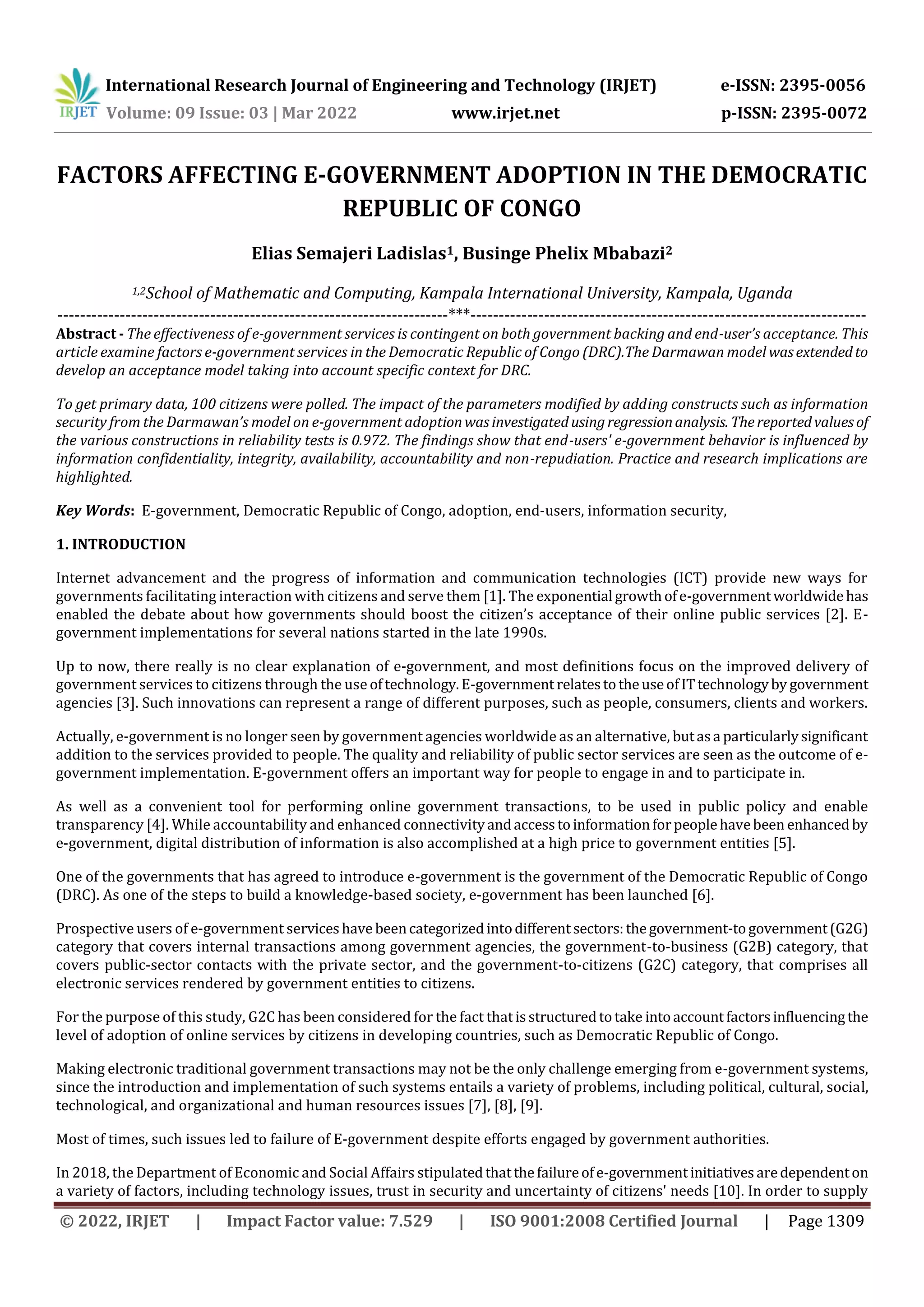 FACTORS AFFECTING E-GOVERNMENT ADOPTION IN THE DEMOCRATIC REPUBLIC OF ...