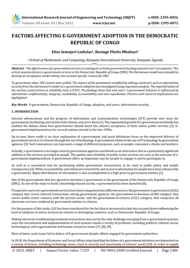 FACTORS AFFECTING E-GOVERNMENT ADOPTION IN THE DEMOCRATIC REPUBLIC OF CONGO | PDF