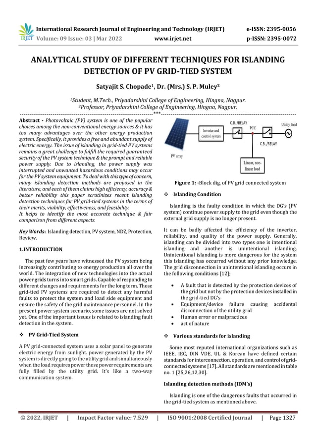 ANALYTICAL STUDY OF DIFFERENT TECHNIQUES FOR ISLANDING DETECTION OF PV GRID-TIED SYSTEM | PDF