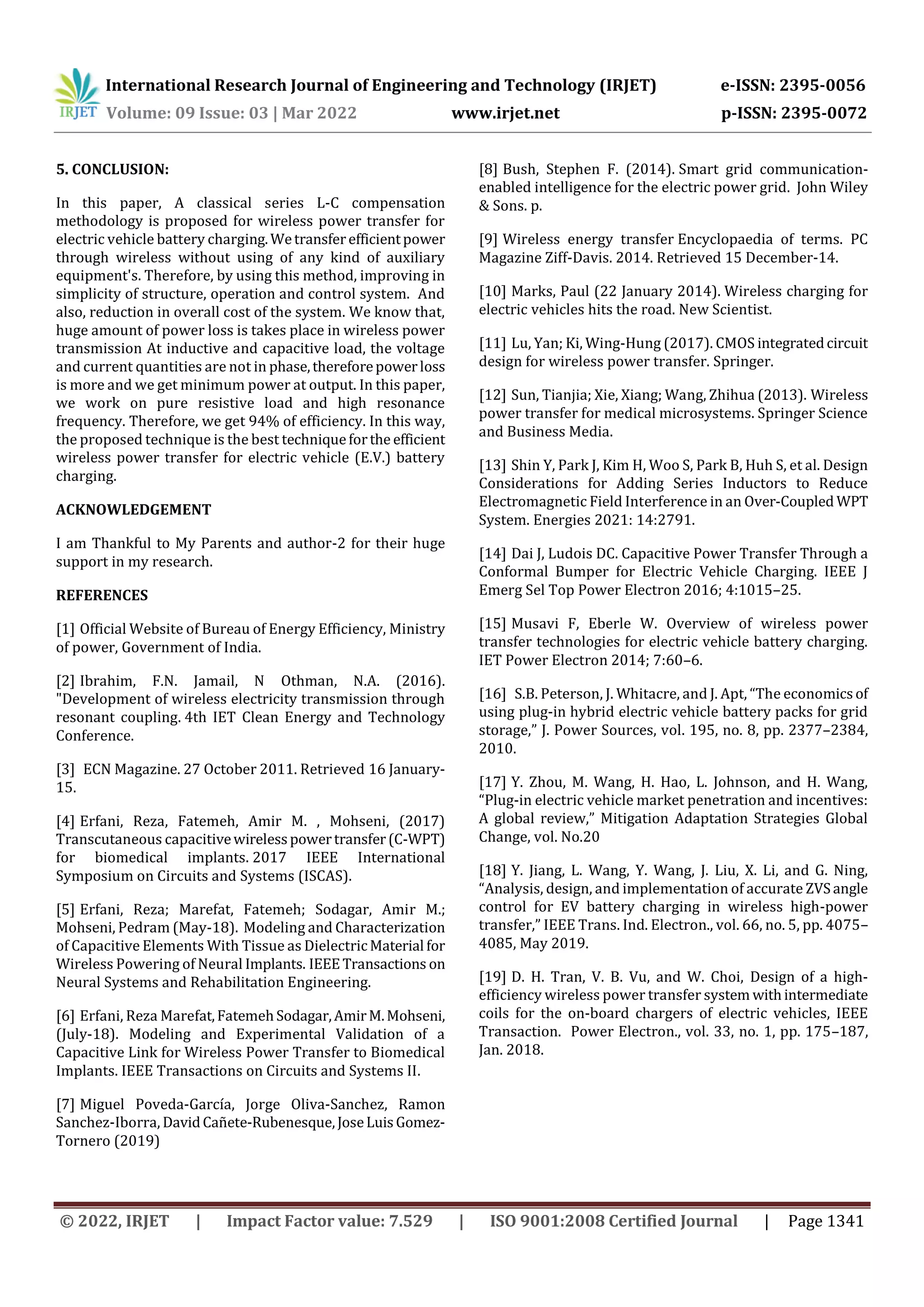 An Efficient Wireless Power Transfer Methodology for Electric Vehicle Battery Charging | PDF