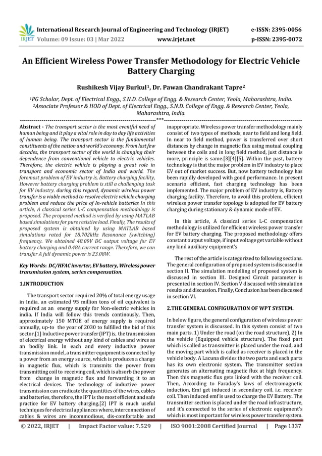 An Efficient Wireless Power Transfer Methodology for Electric Vehicle Battery Charging | PDF