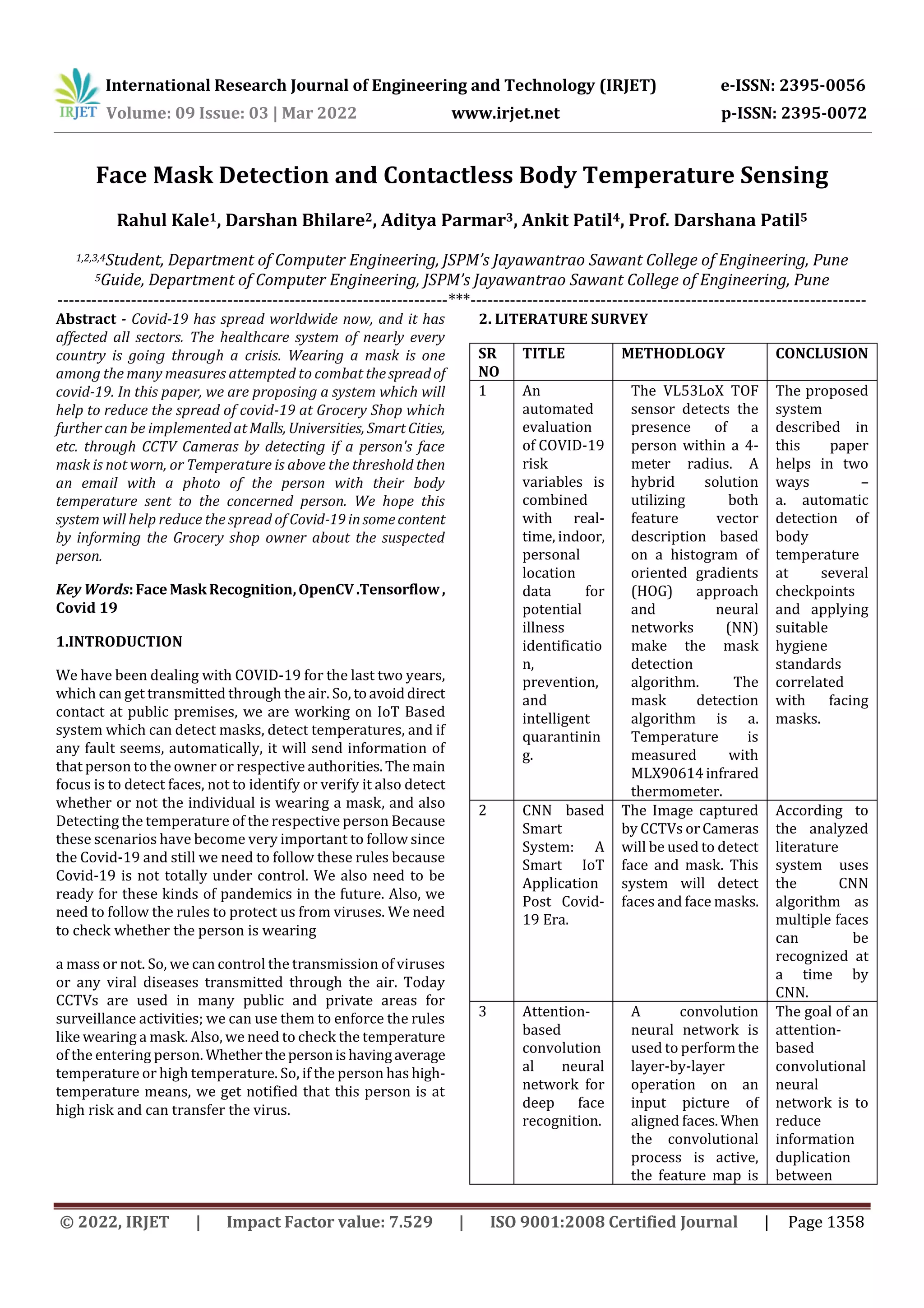 Face Mask Detection and Contactless Body Temperature Sensing | PDF