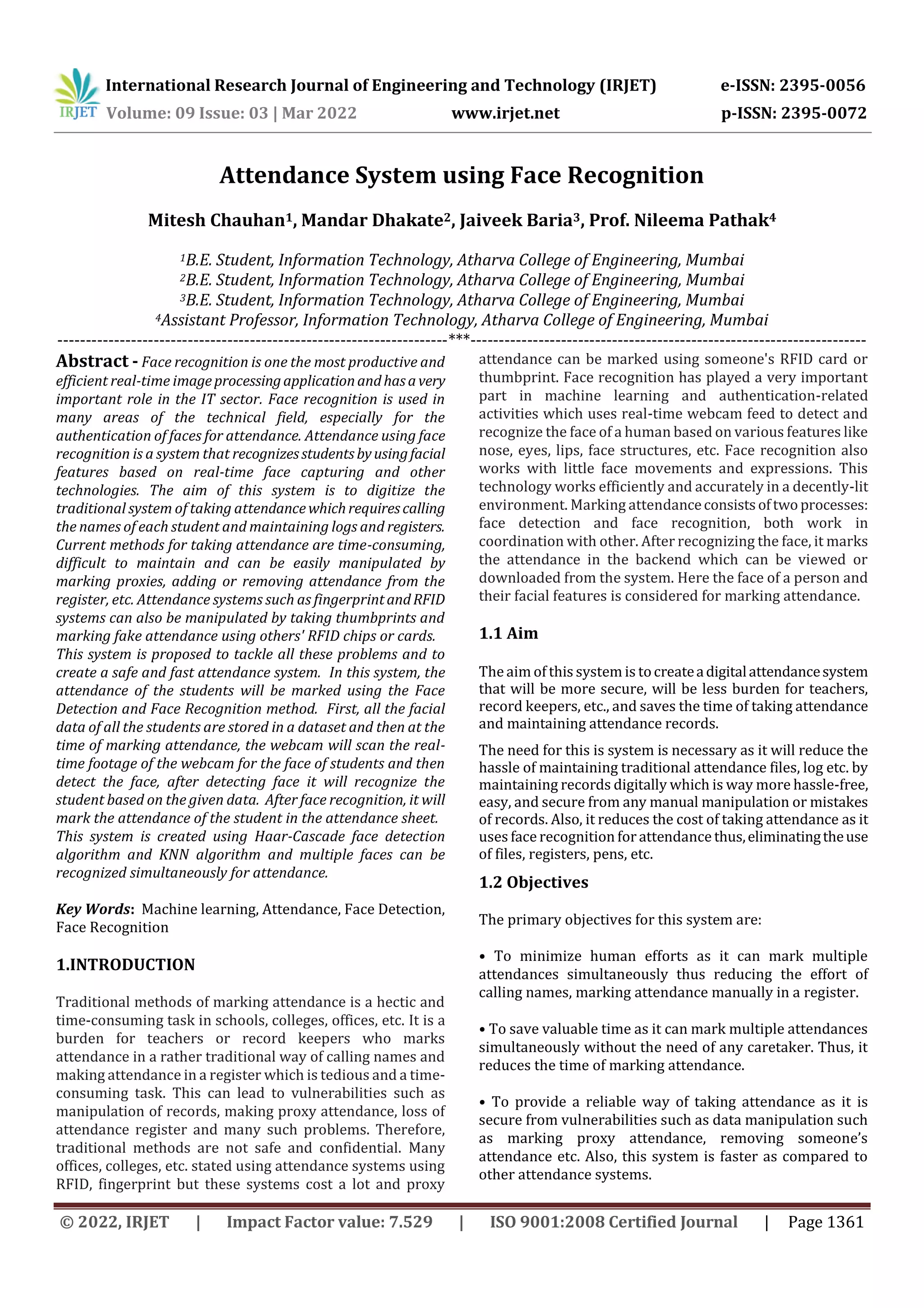 Attendance System using Face Recognition | PDF
