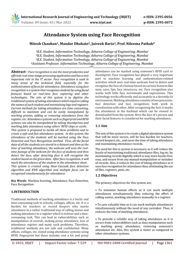 Attendance System using Face Recognition | PDF