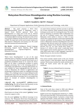 Malayalam Word Sense Disambiguation using Machine Learning Approach | PDF
