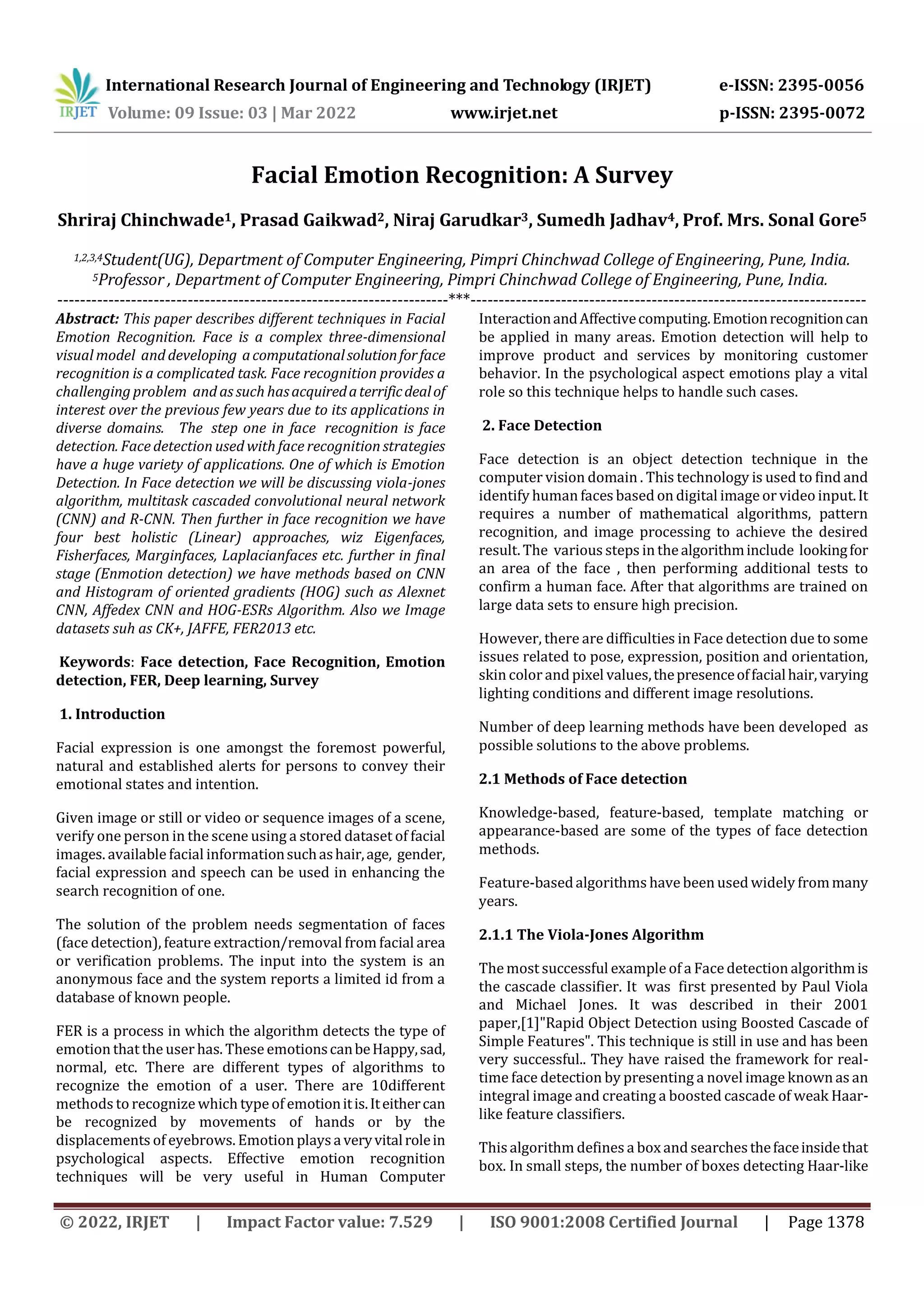 Facial Emotion Recognition: A Survey | PDF