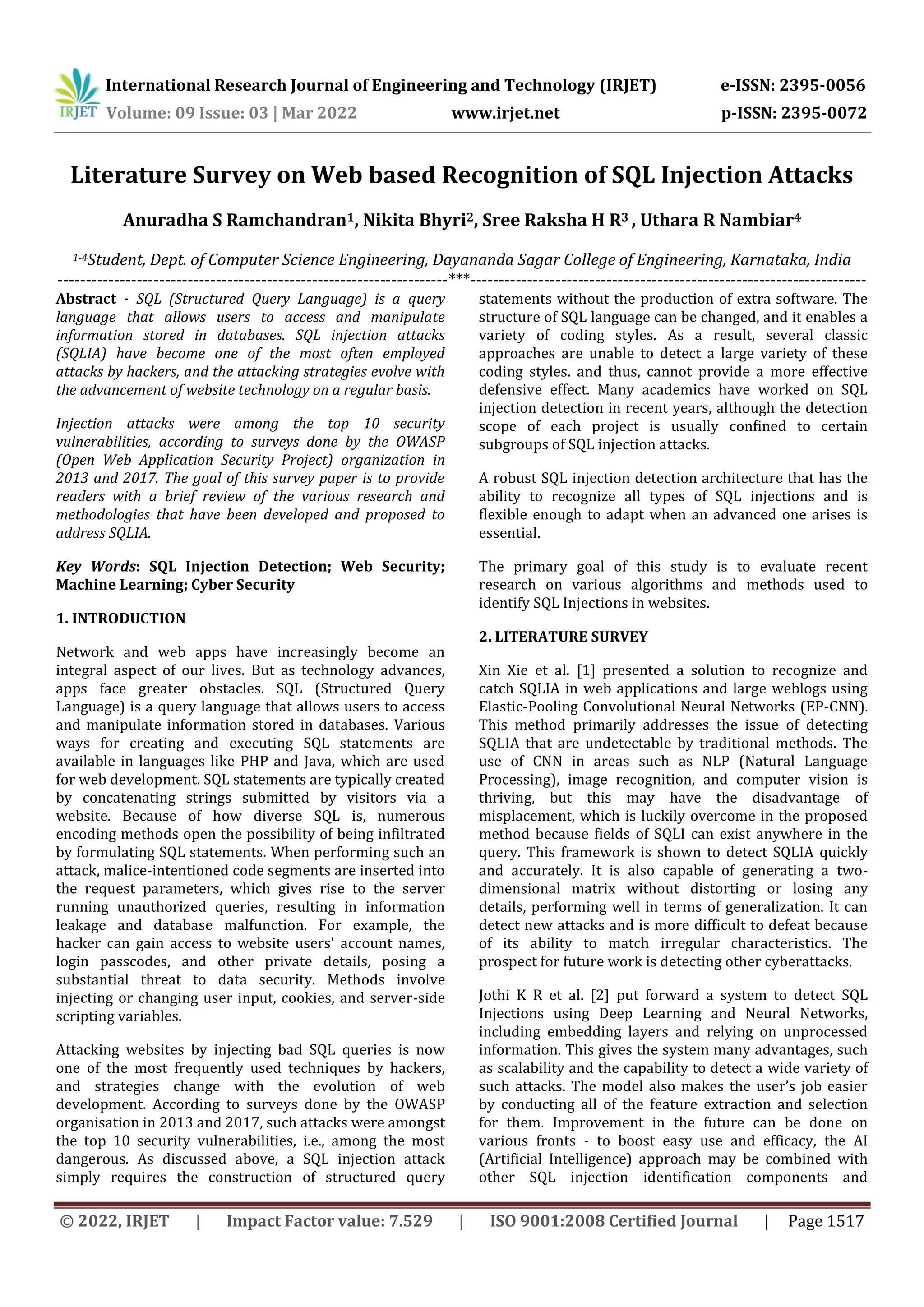Literature Survey On Web Based Recognition Of Sql Injection Attacks Pdf