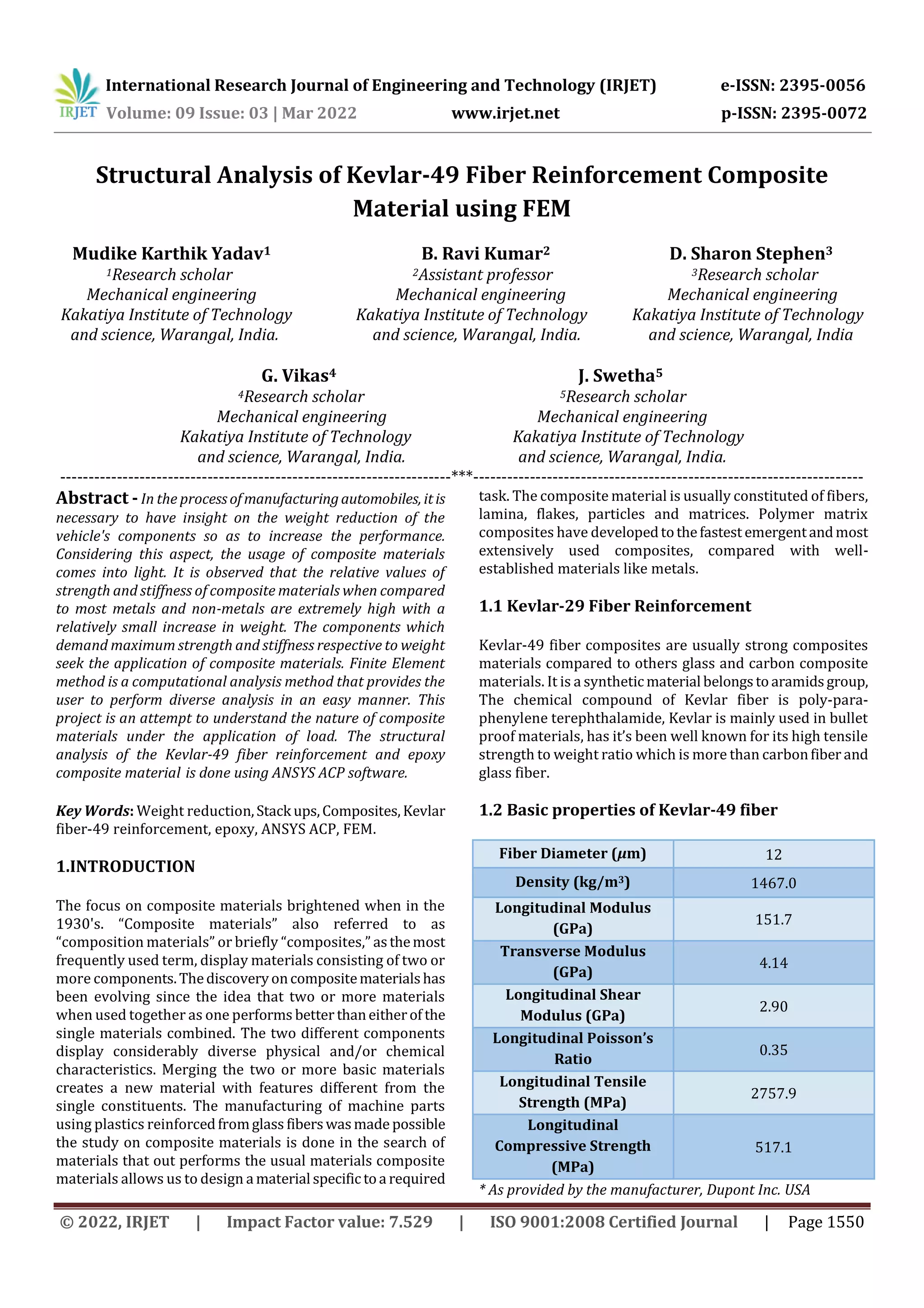Structural Analysis of Kevlar-49 Fiber Reinforcement Composite Material ...