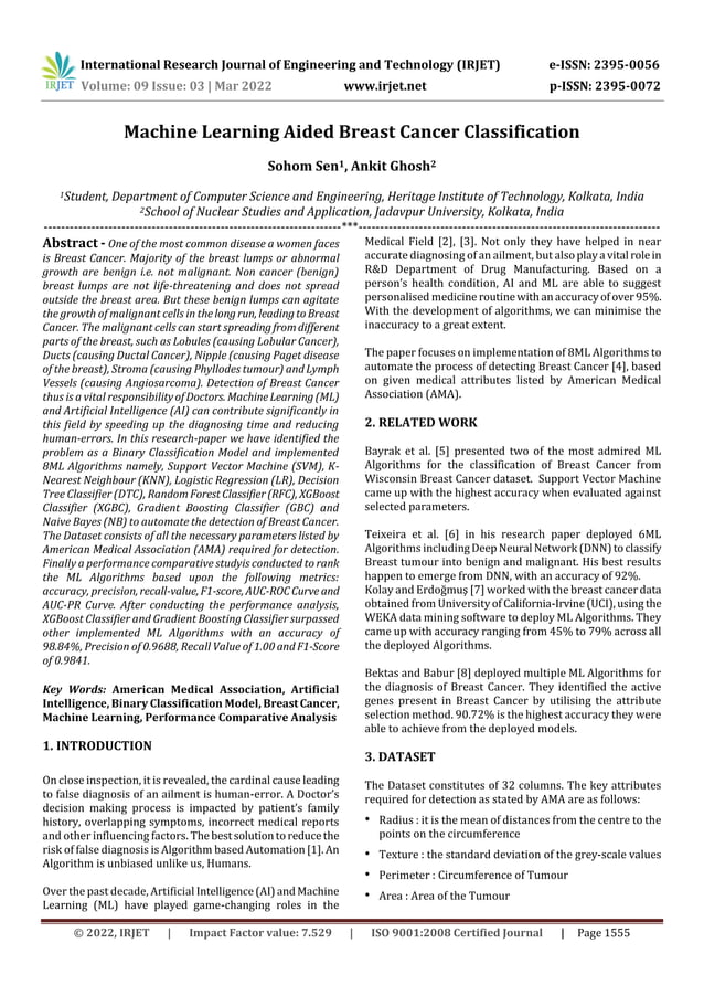 Machine Learning Aided Breast Cancer Classification Pdf Cancer Diseases And Conditions