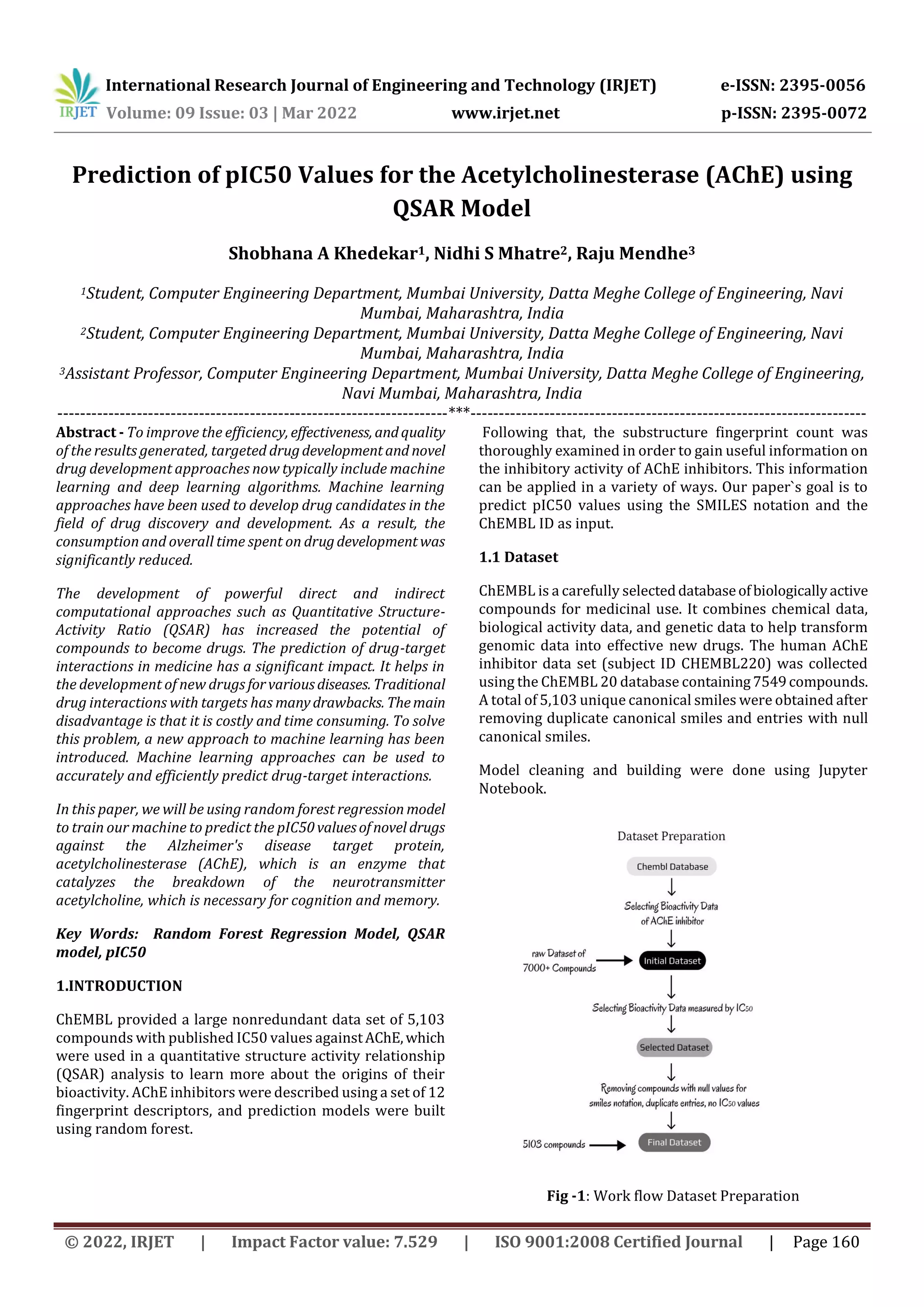Prediction of pIC50 Values for the Acetylcholinesterase (AChE) using QSAR Model | PDF ...