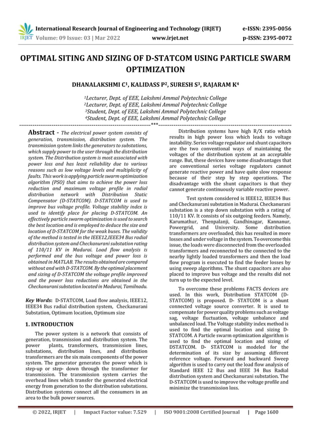 OPTIMAL SITING AND SIZING OF D-STATCOM USING PARTICLE SWARM OPTIMIZATION | PDF