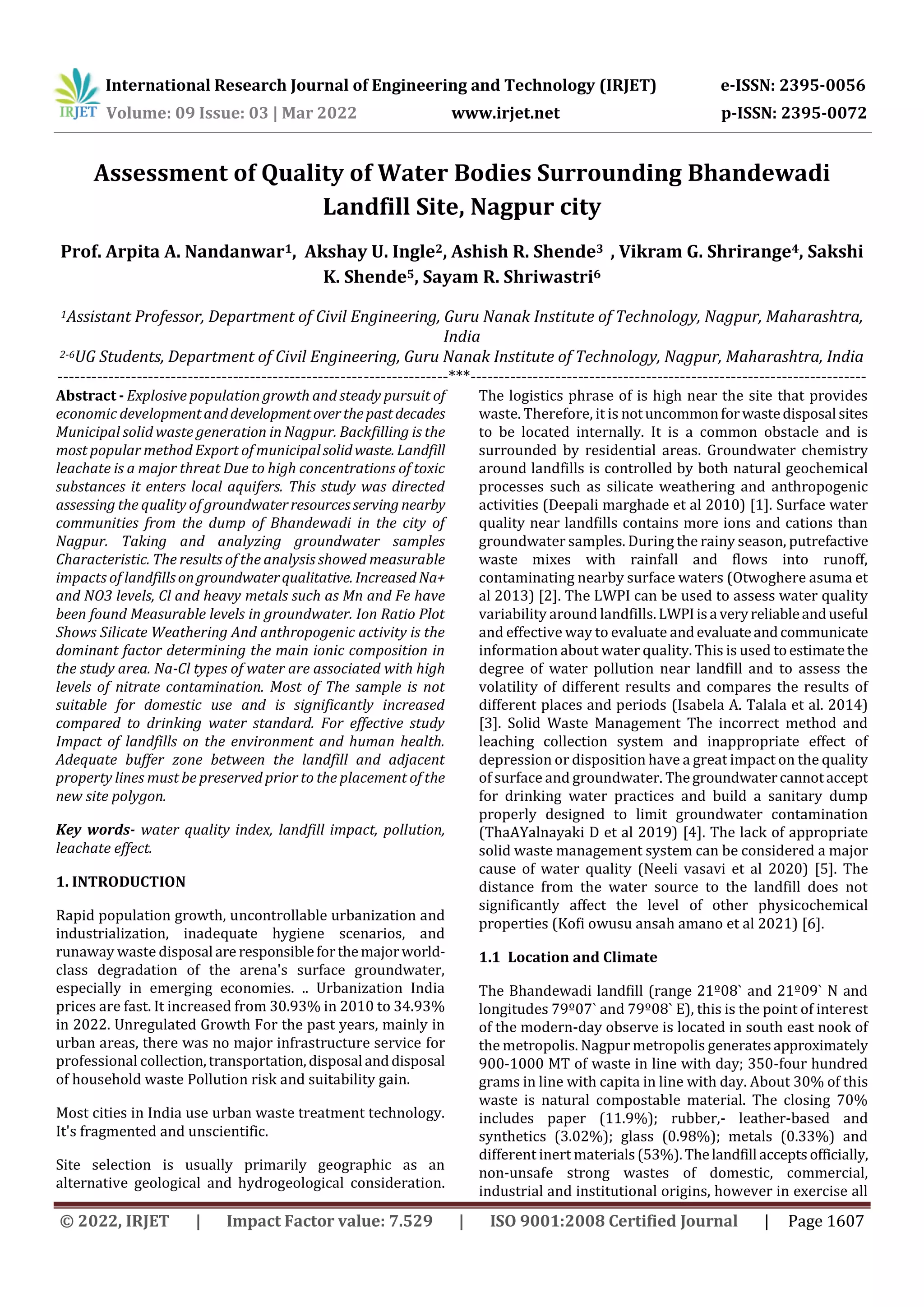 Assessment of Quality of Water Bodies Surrounding Bhandewadi Landfill ...