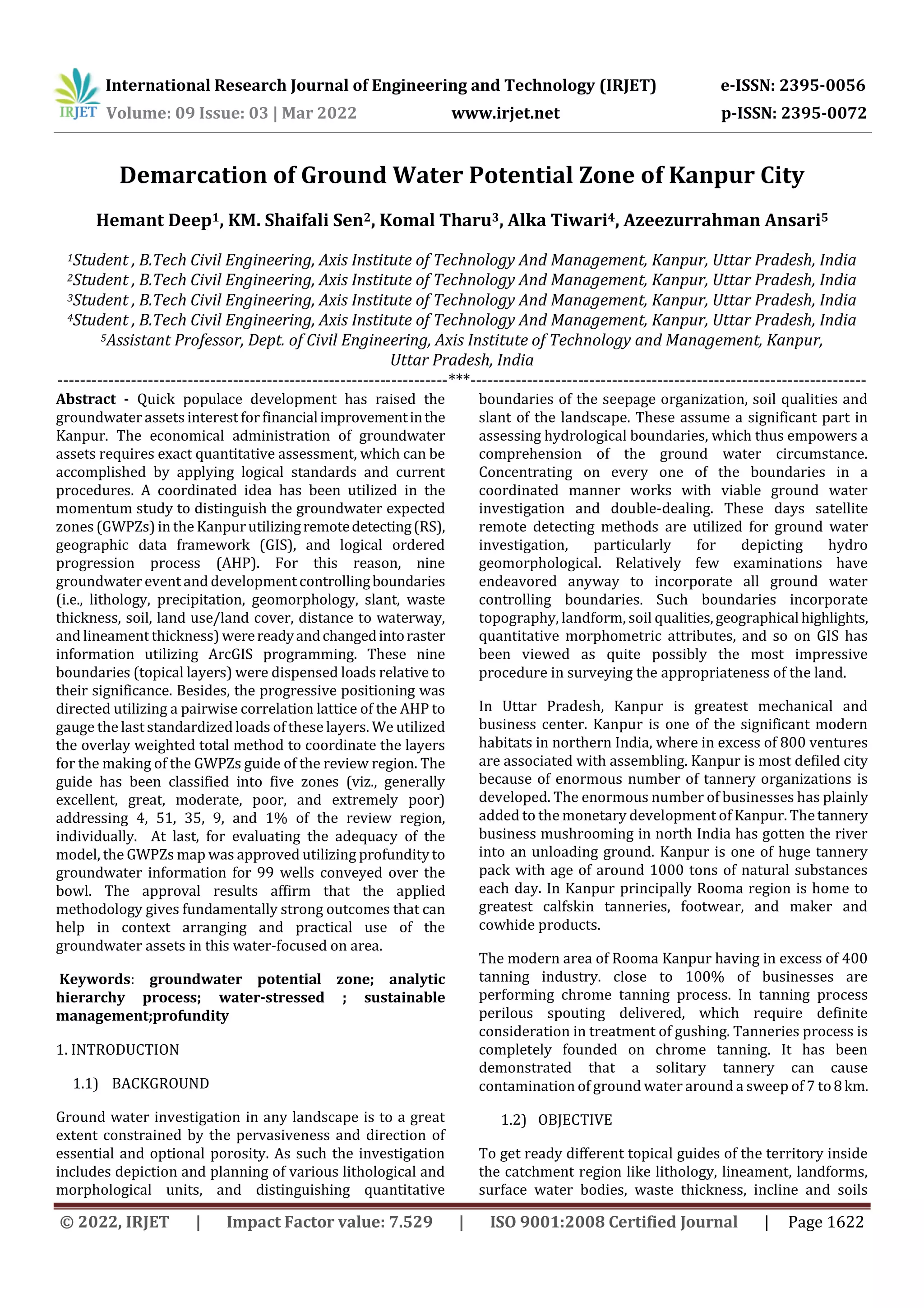 Demarcation of Ground Water Potential Zone of Kanpur City | PDF