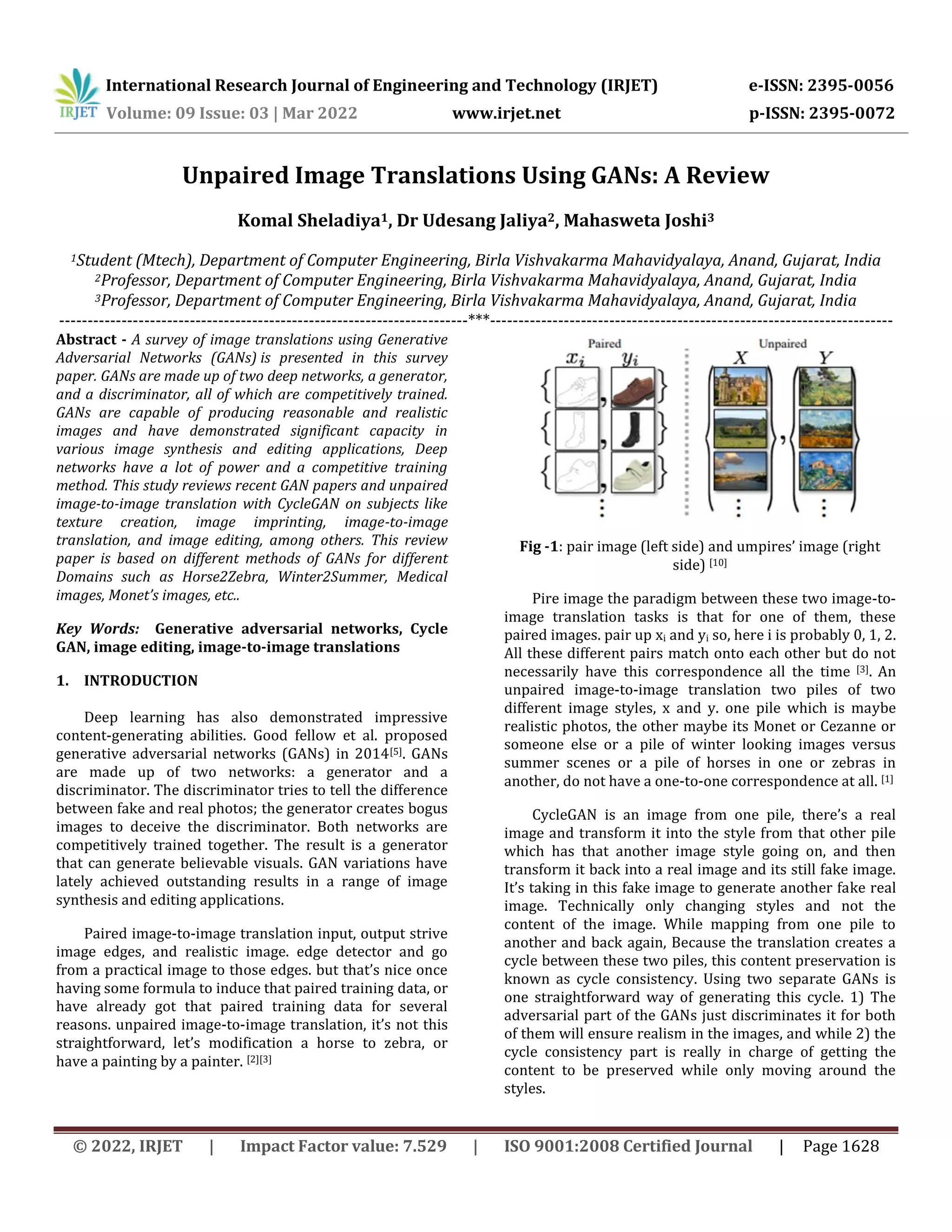 Unpaired Image Translations Using GANs: A Review | PDF