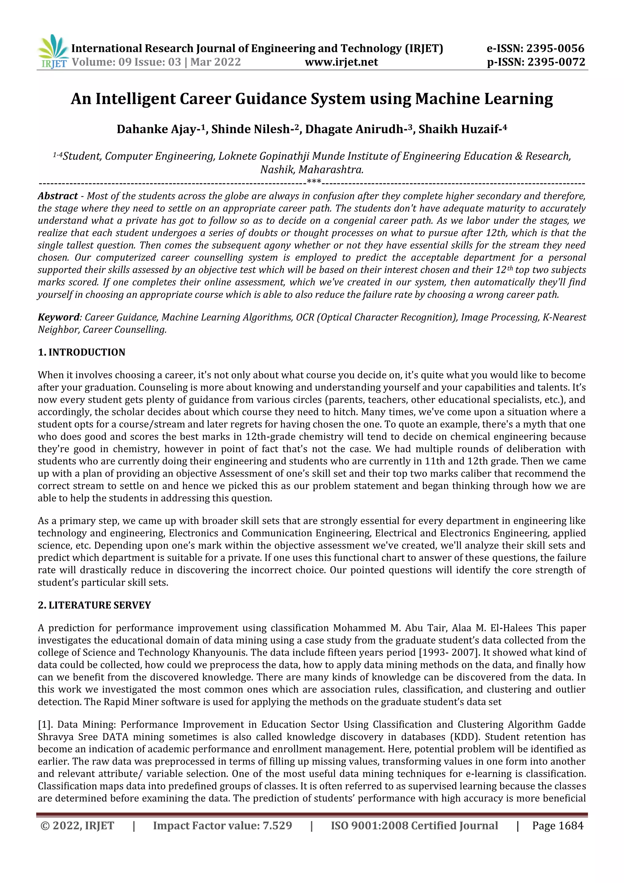 An Intelligent Career Guidance System using Machine Learning | PDF