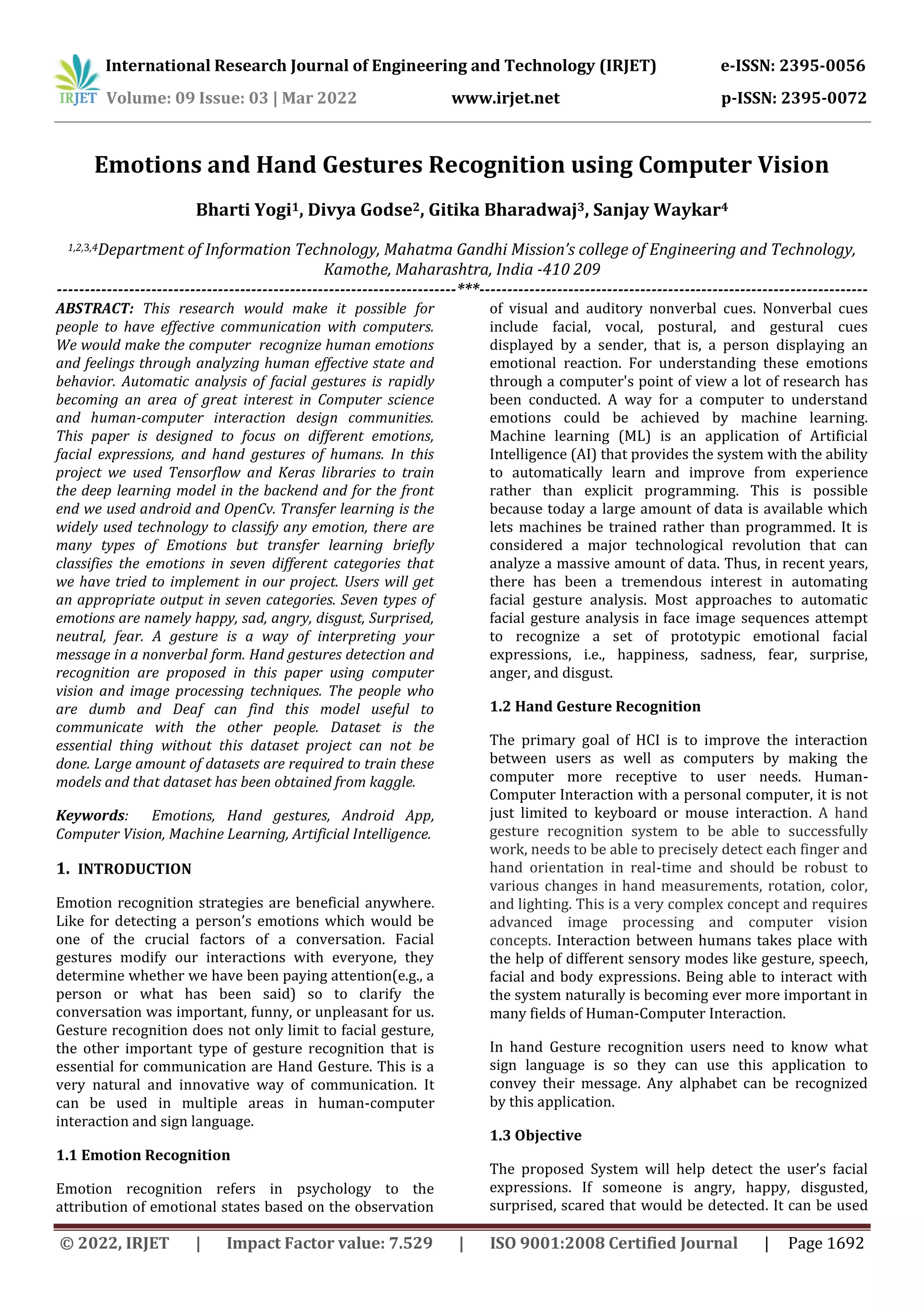 Emotions and Hand Gestures Recognition using Computer Vision | PDF | Artificial Intelligence ...