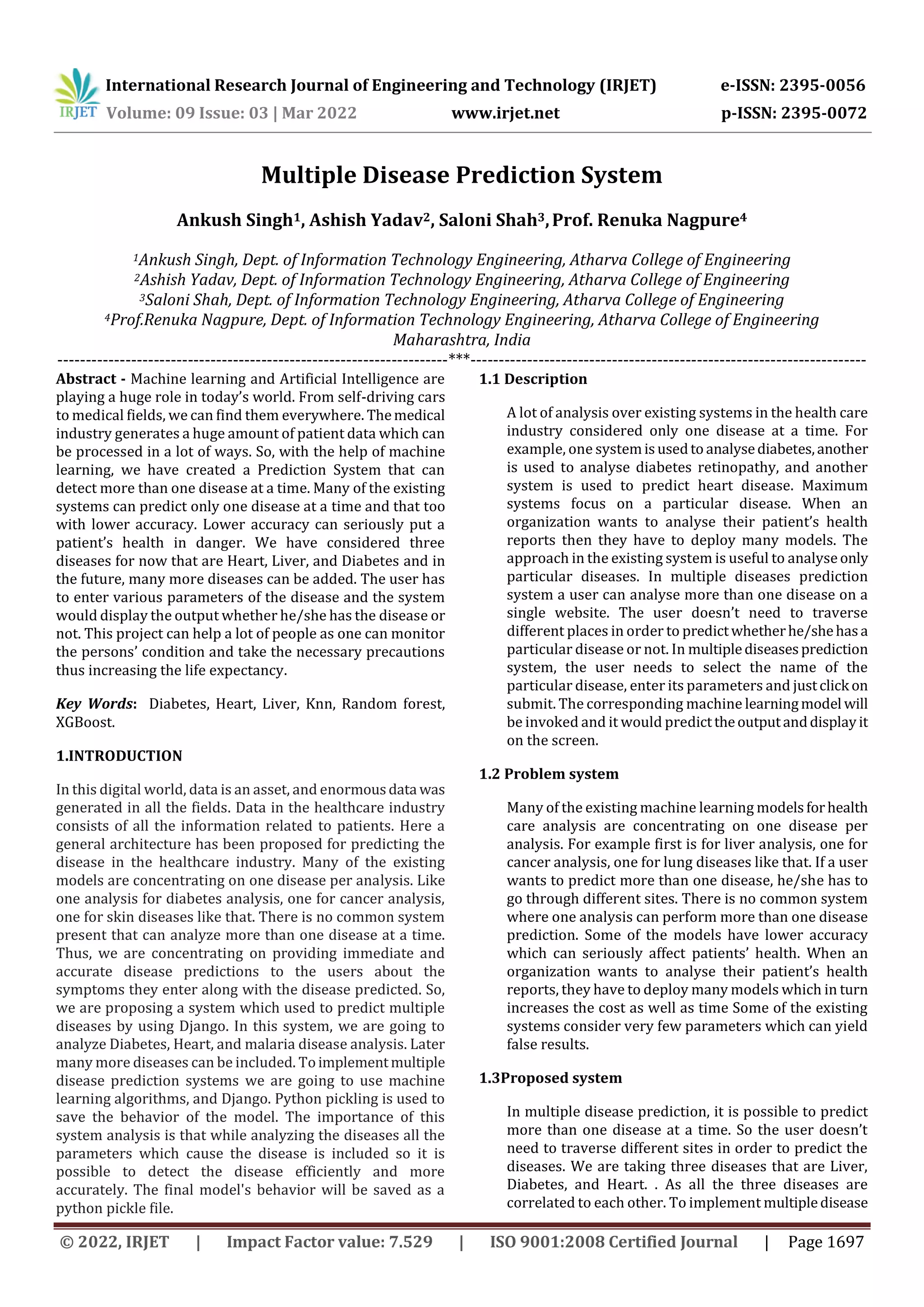 Multiple Disease Prediction System | PDF