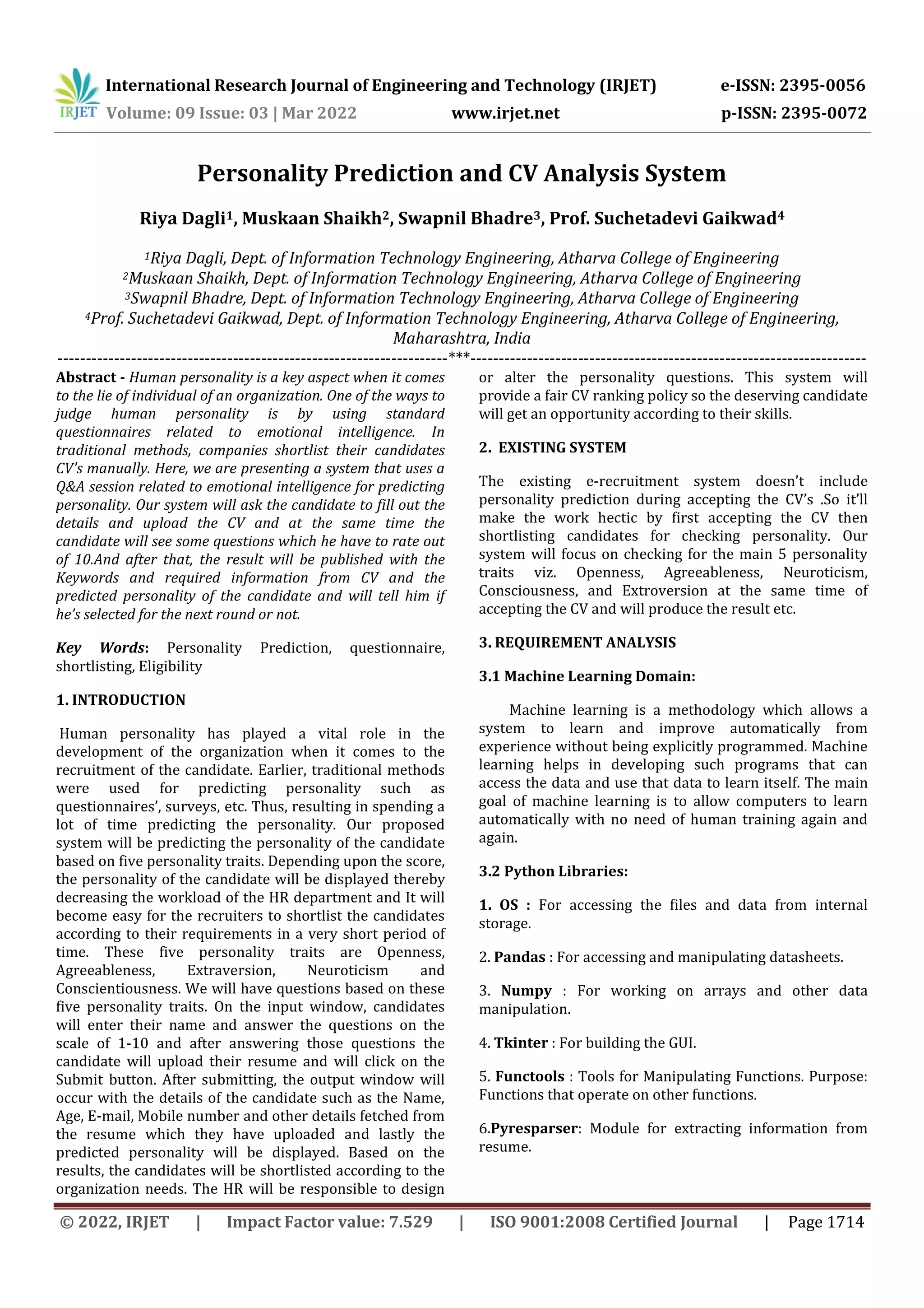 Personality Prediction and CV Analysis System | PDF