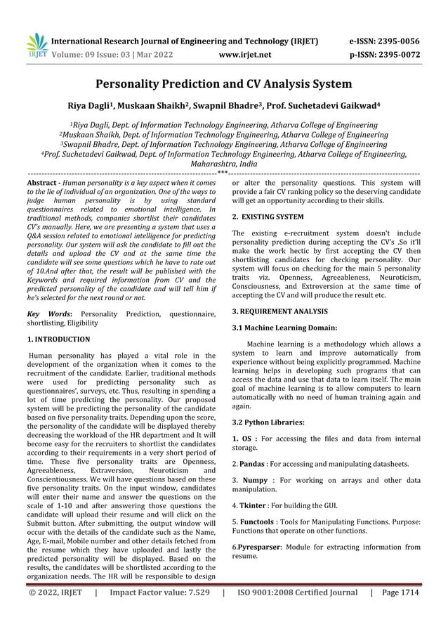 Personality Prediction and CV Analysis System | PDF