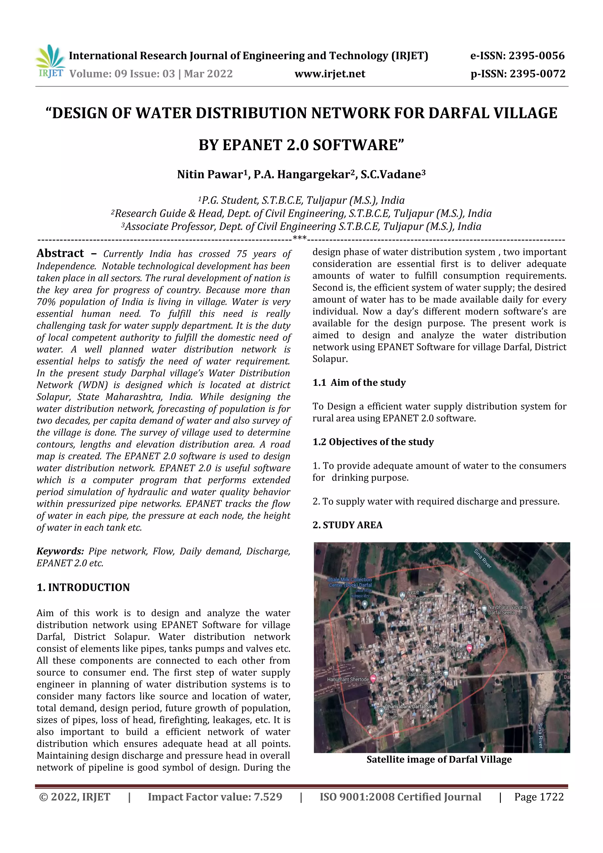 “DESIGN OF WATER DISTRIBUTION NETWORK FOR DARFAL VILLAGE BY EPANET 2.0 SOFTWARE” | PDF