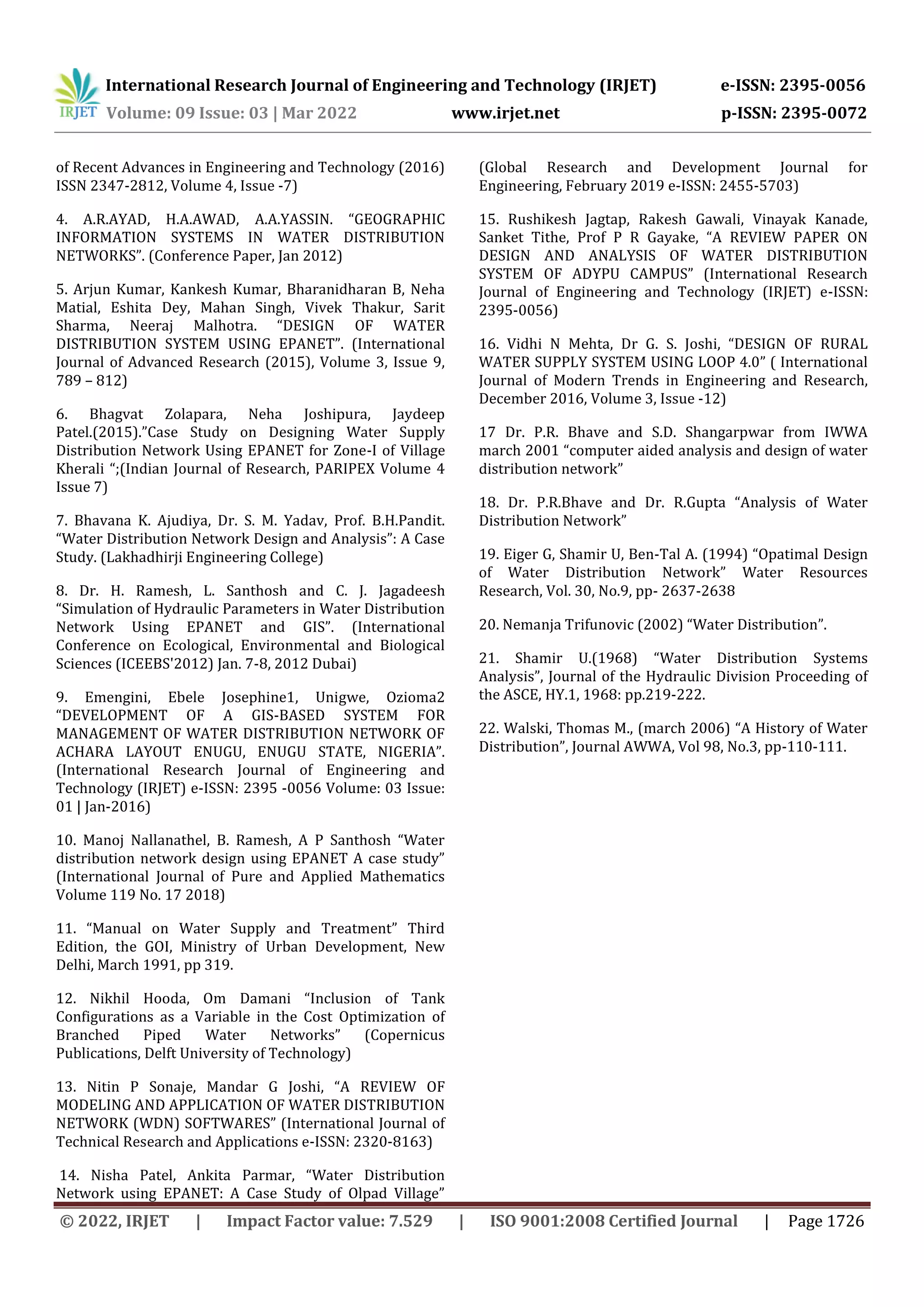 “DESIGN OF WATER DISTRIBUTION NETWORK FOR DARFAL VILLAGE BY EPANET 2.0 SOFTWARE” | PDF