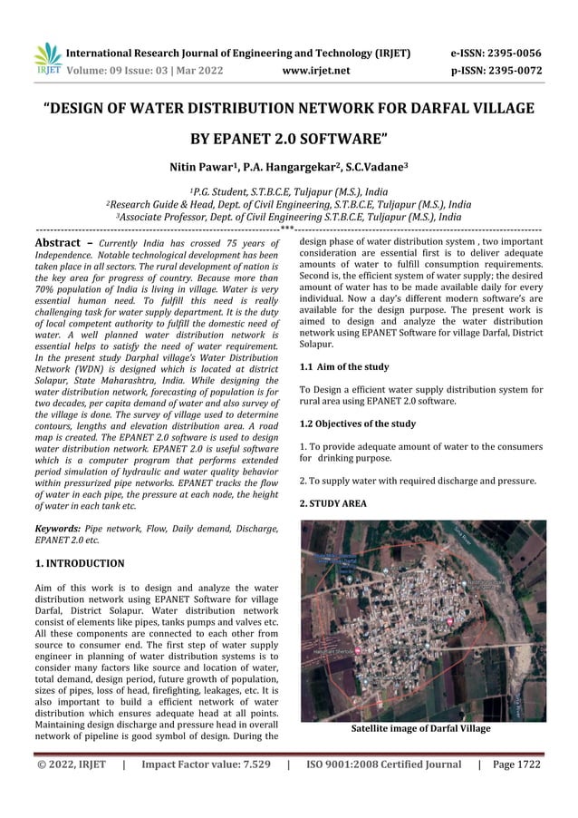 “DESIGN OF WATER DISTRIBUTION NETWORK FOR DARFAL VILLAGE BY EPANET 2.0 SOFTWARE” | PDF