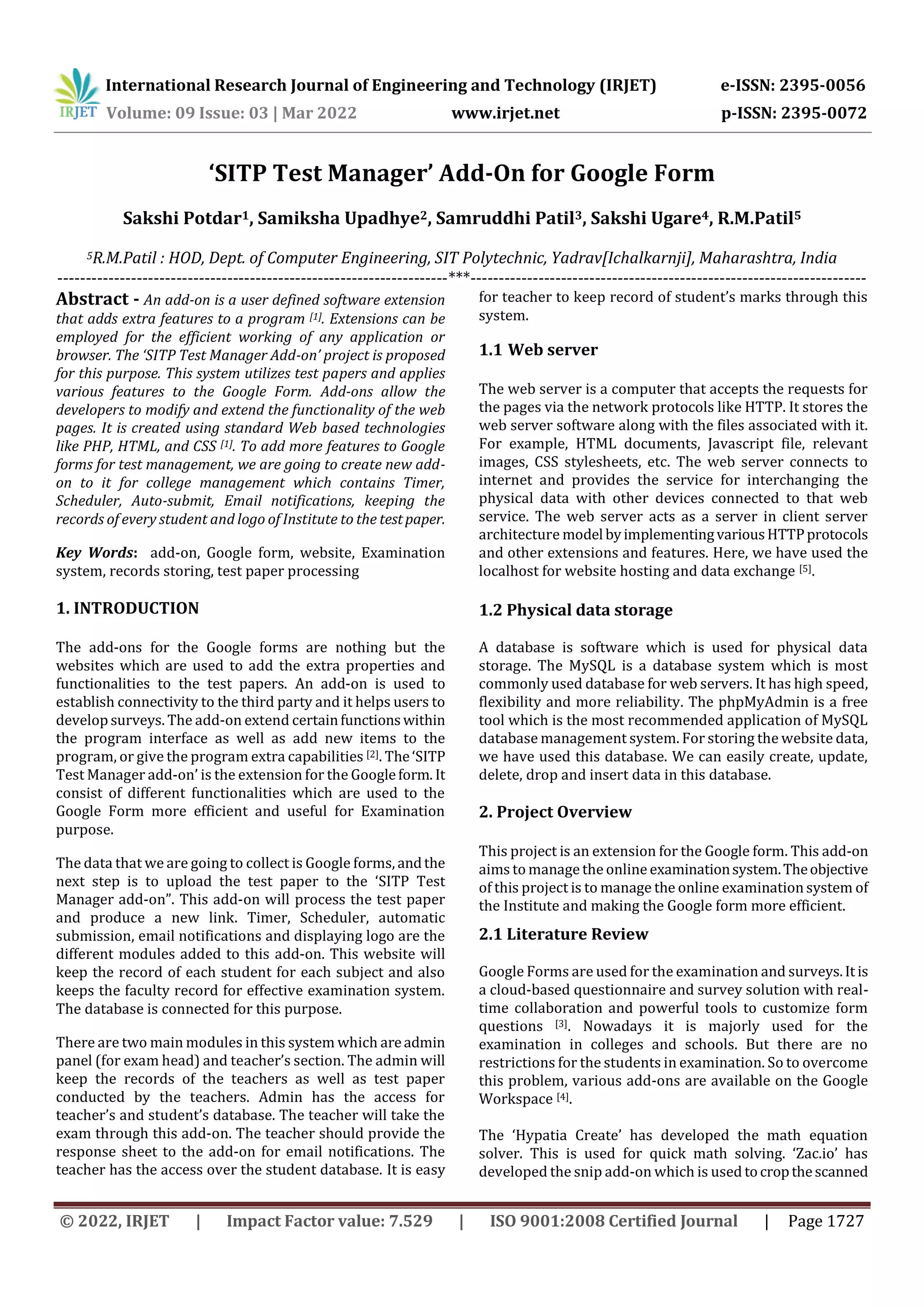 ‘SITP Test Manager’ Add-On for Google Form | PDF
