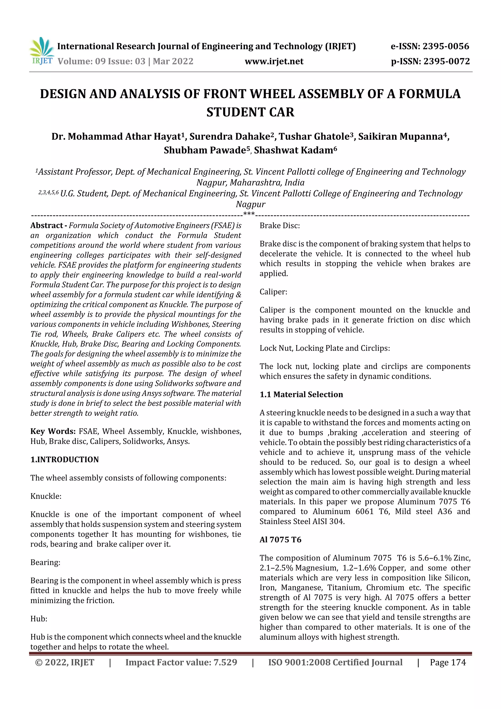 DESIGN AND ANALYSIS OF FRONT WHEEL ASSEMBLY OF A FORMULA STUDENT CAR | PDF