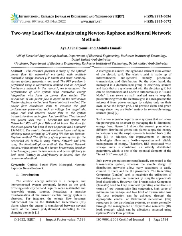 Two-way Load Flow Analysis using Newton-Raphson and Neural Network Methods | PDF