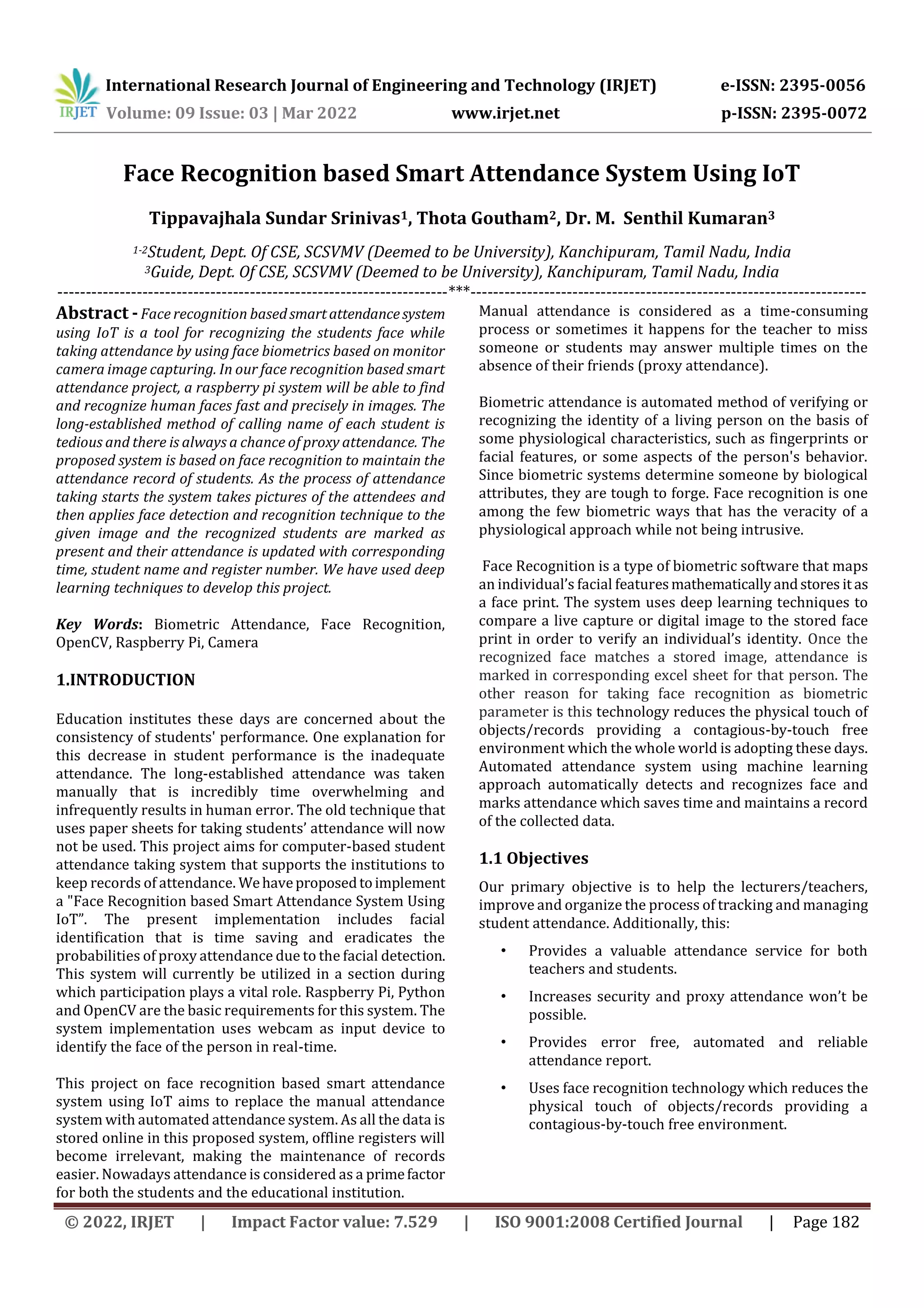 Face Recognition based Smart Attendance System Using IoT | PDF