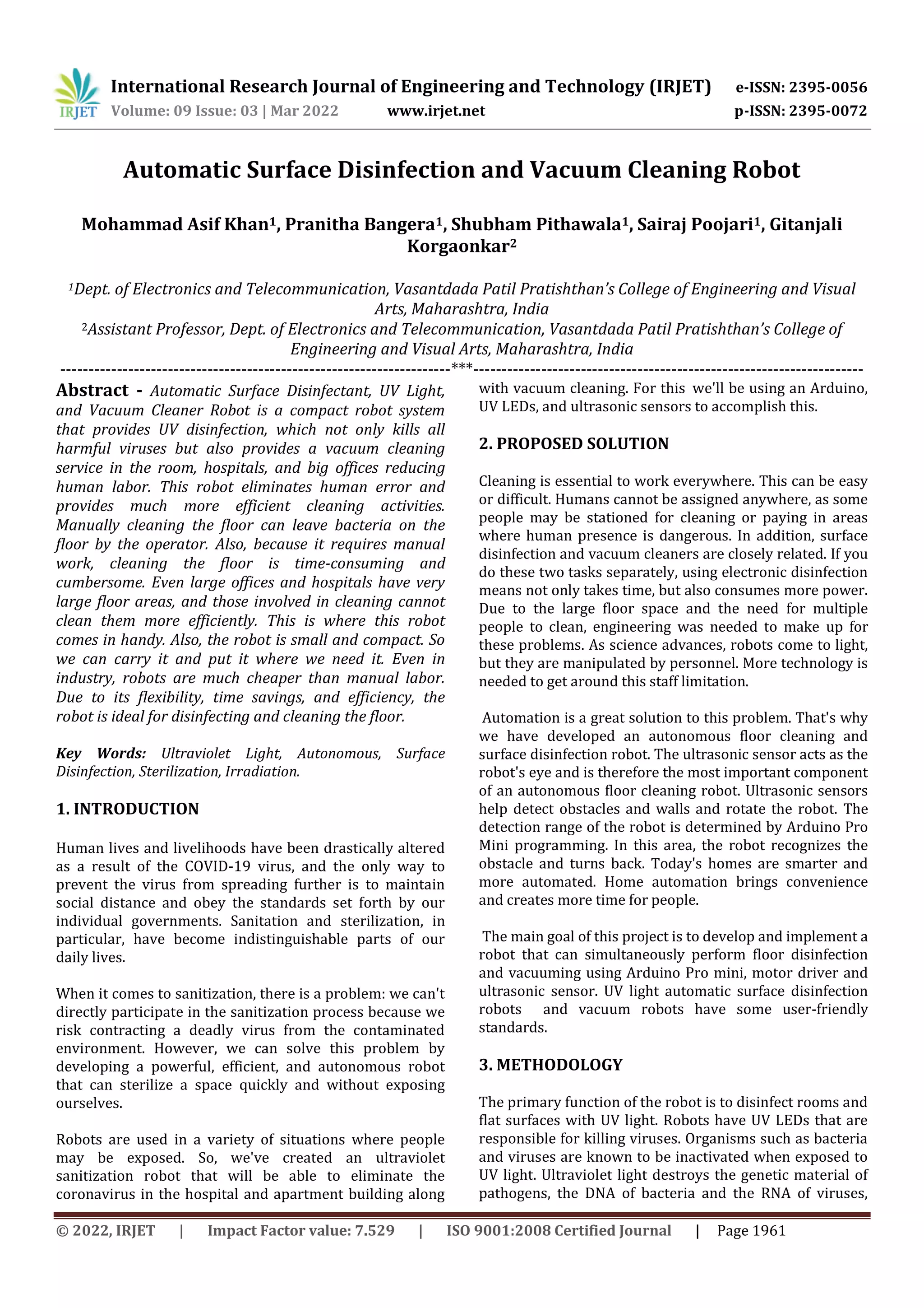 Automatic Surface Disinfection and Vacuum Cleaning Robot | PDF