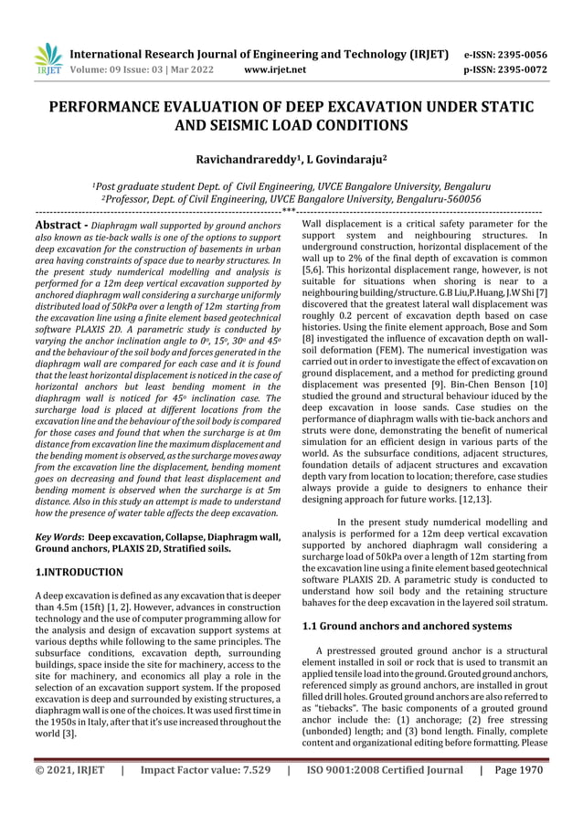 PERFORMANCE EVALUATION OF DEEP EXCAVATION UNDER STATIC AND SEISMIC LOAD ...