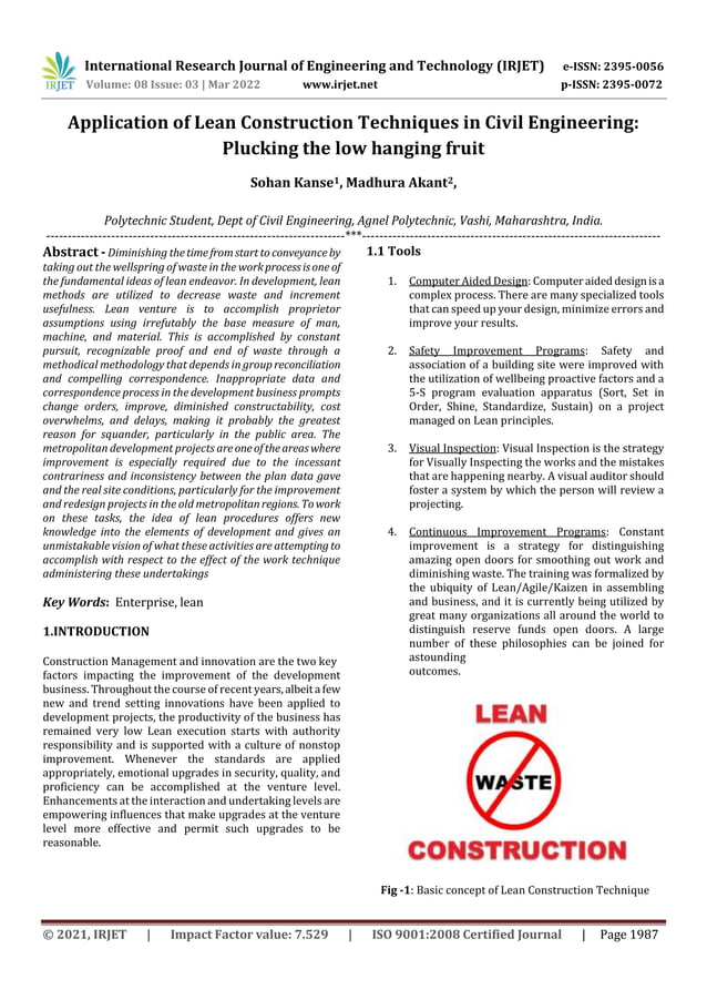 Application of Lean Construction Techniques in Civil Engineering ...